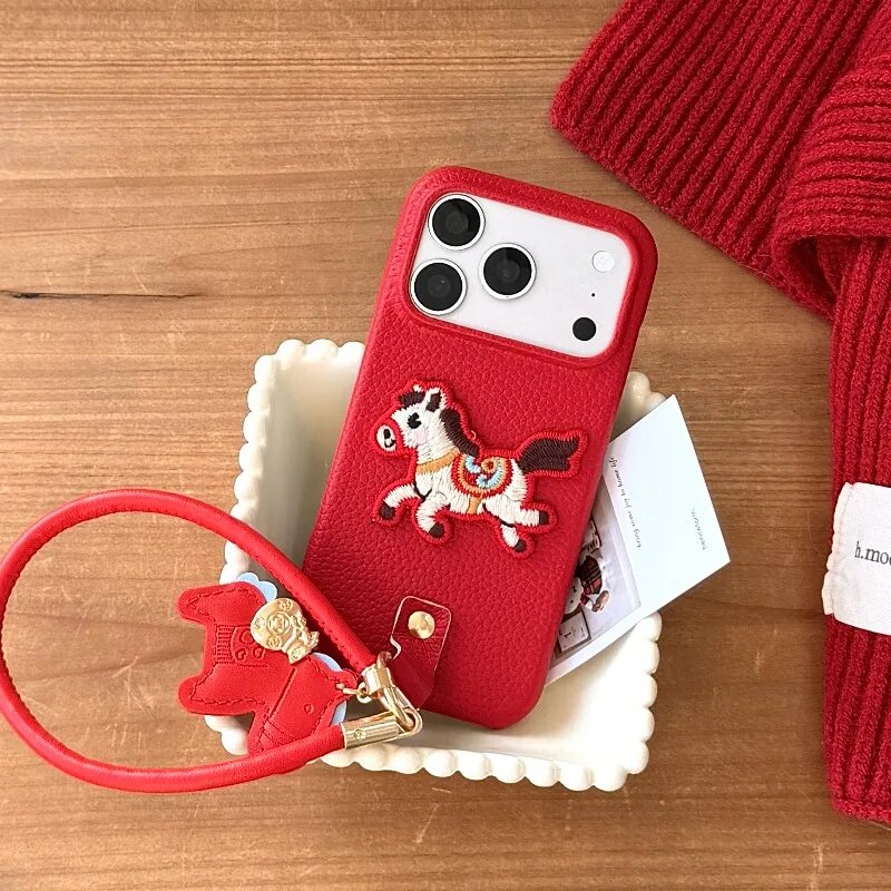 Осенне-зимний вязаный чехол для телефона с вышивкой пони для iPhone 17 16 Красный, Red, iPhone 17Pro