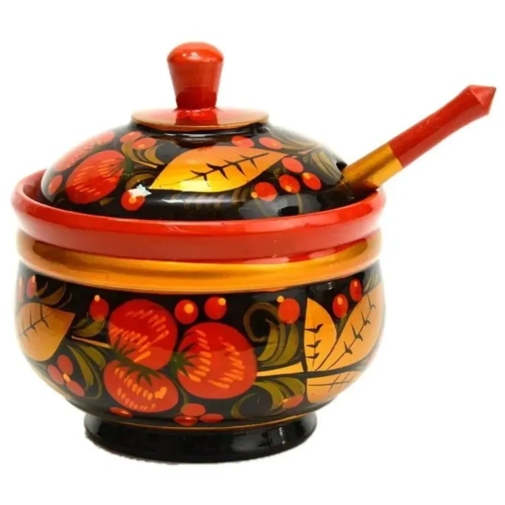 Деревянная солонка ручной работы, "Ягодки", хохлома, с крышкой и ложкой 350мл.