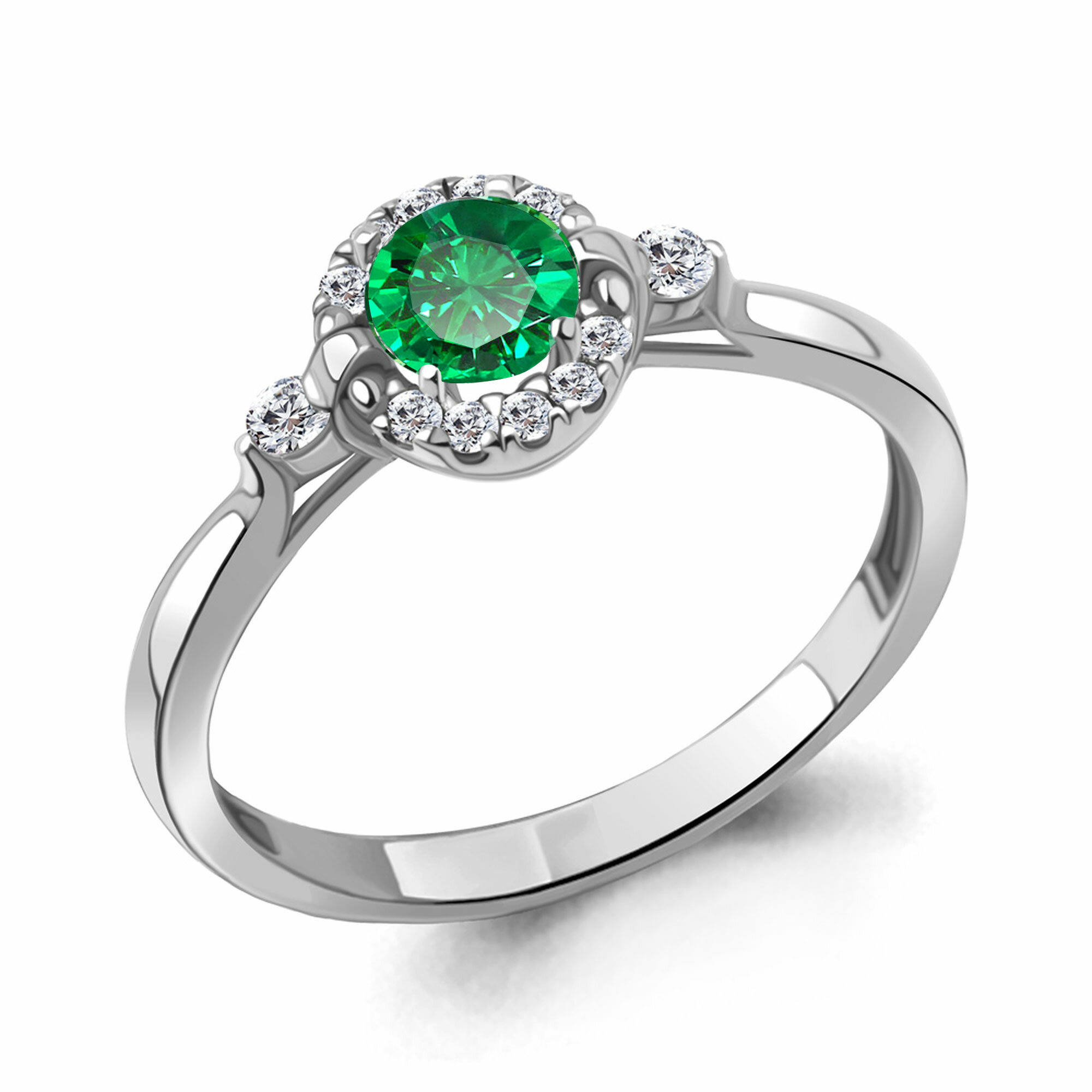 Кольцо, серебро, 925 проба, родирование, изумруд синтетический, фианит