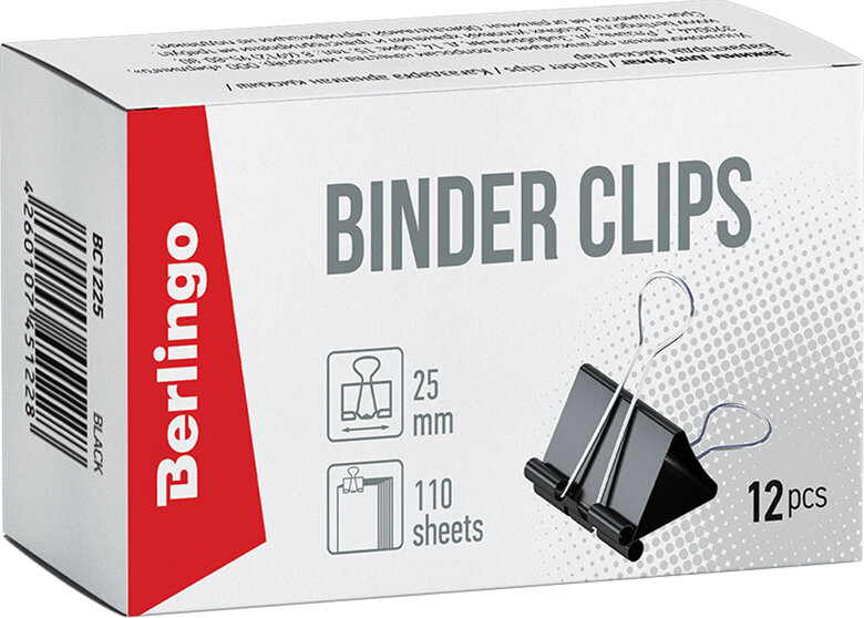 12 шт. Зажимы для бумаг 25мм, Berlingo, 12шт, черные, картонная коробка