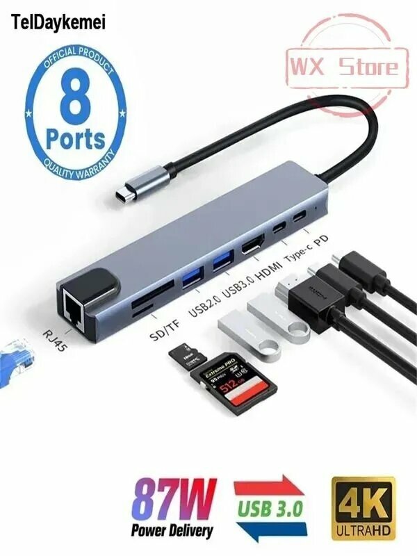USB-концентратор C типа C Разветвитель Thunderbolt 3 Адаптер для ноутбука для Macbook Air M1 iPad Pro RJ45 HDMI