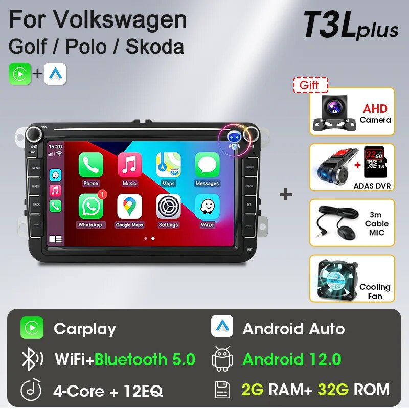 Srnubi Автомагнитола Android 12 для Volkswagen VW Polo Golf Passat B6 B7 Skoda T3L-plus-Cam-DVR-32G