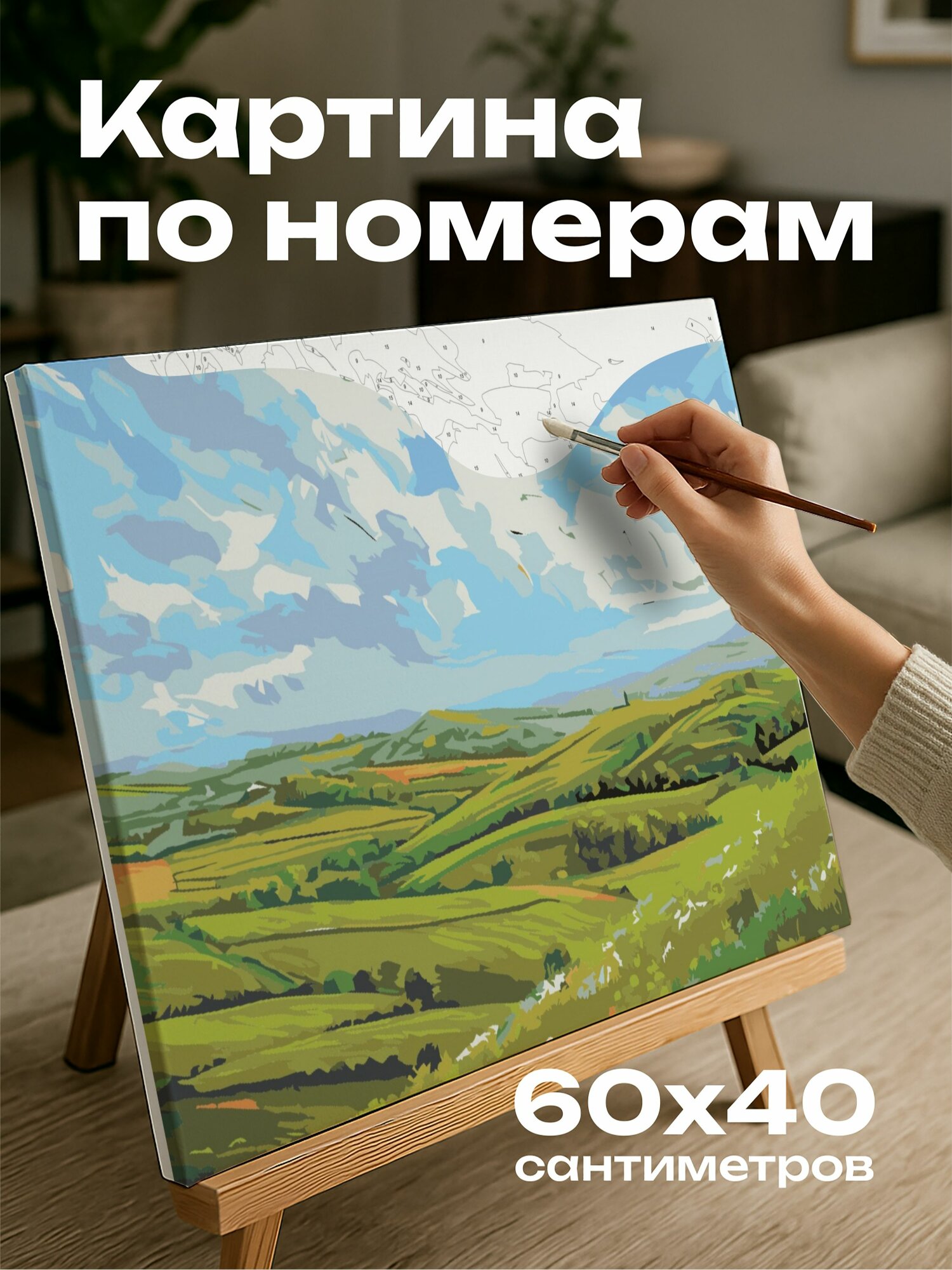 Картина по номерам 60x40 см, масляная картина, сельская местность, зеленые холмы, цветущие поля, голубое небо