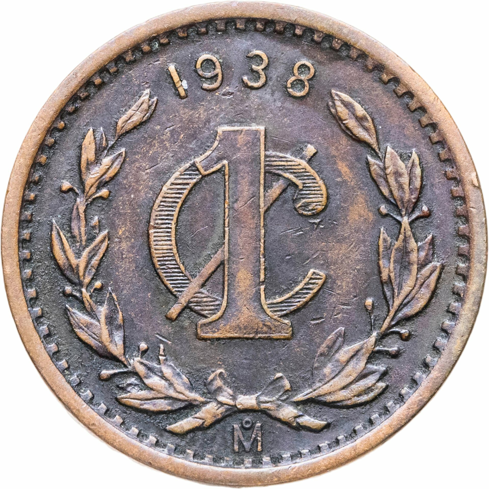 Мексика 1 сентаво centavo 1938, Бронза, в сохранности XF