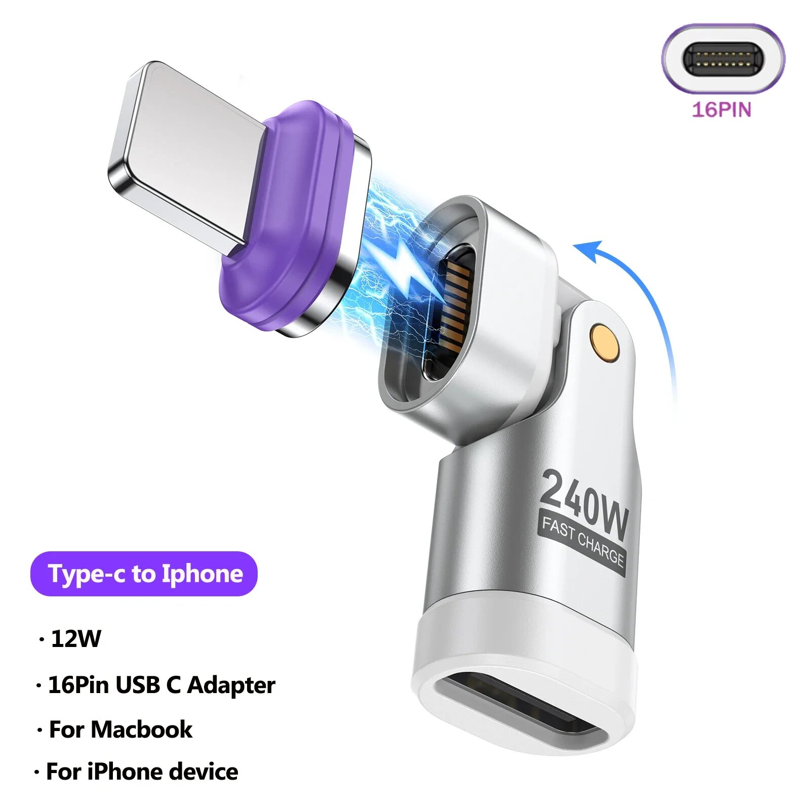 Магнитный адаптер Type-C to iPhone 16pin 240W для Macbook