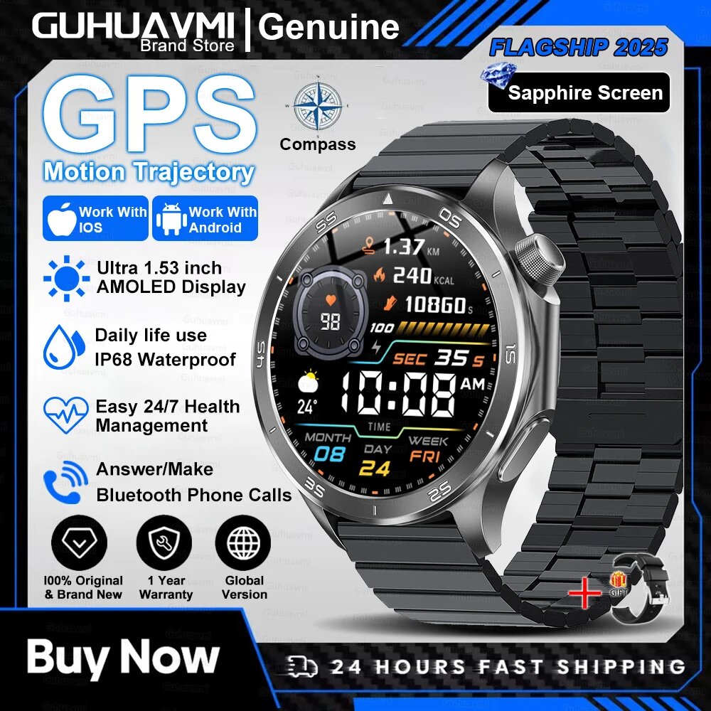 Умные часы GUHUAVMI GPS, AMOLED, Sapphire, Black Steel B