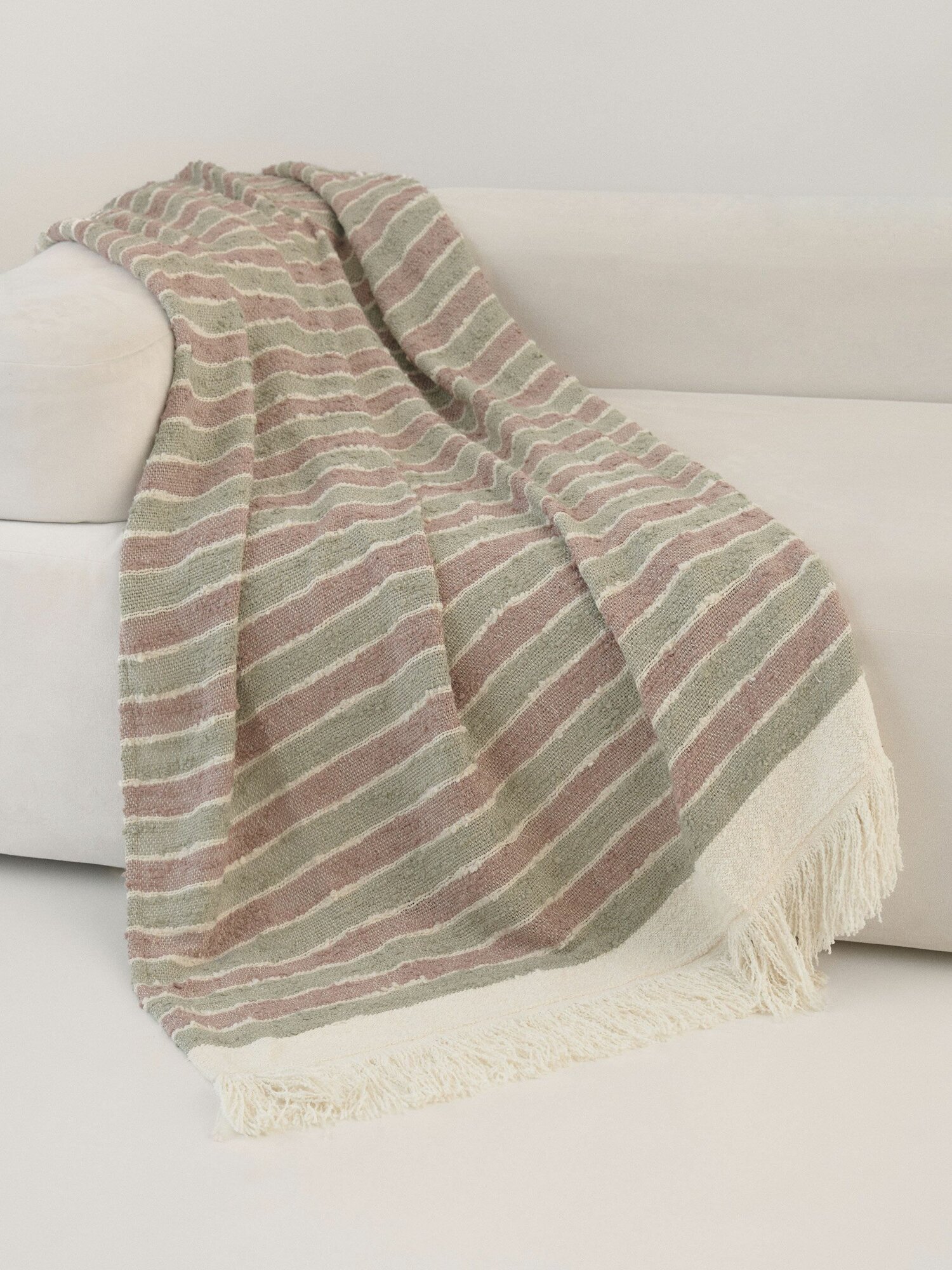 Плед, 130x170 см, с бахромой, полиэстер/хлопок, зелено-фиолетовый, Полосы, Tabby, Kuchenland