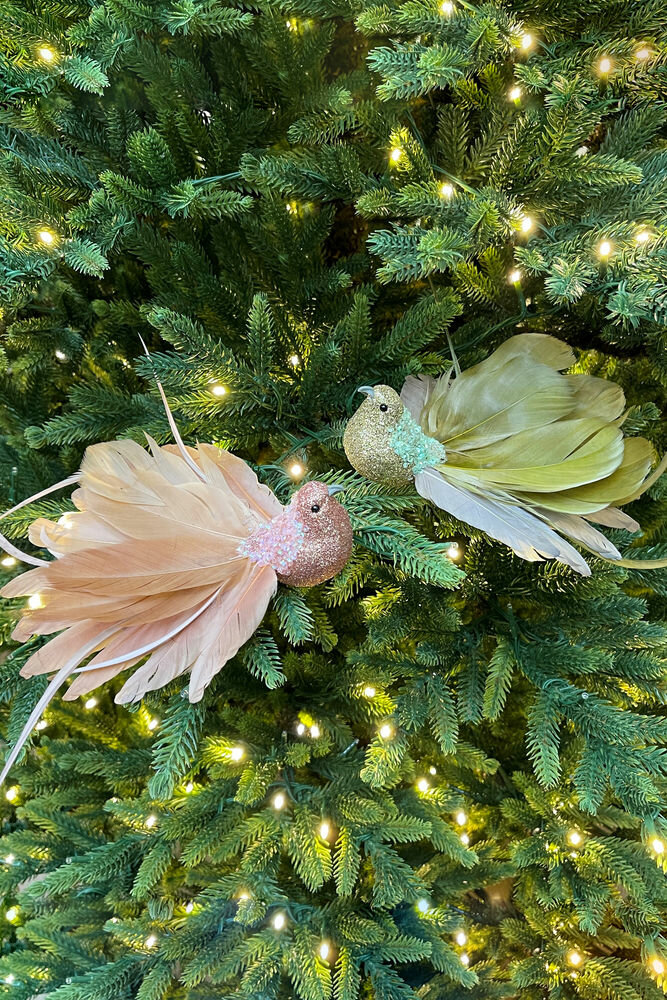 Набор ёлочных украшений птички 'песни зимнего сада' на клипсе, перо, персиковый и оливковый, 22 см, 2 шт, Christmas Deluxe 13409