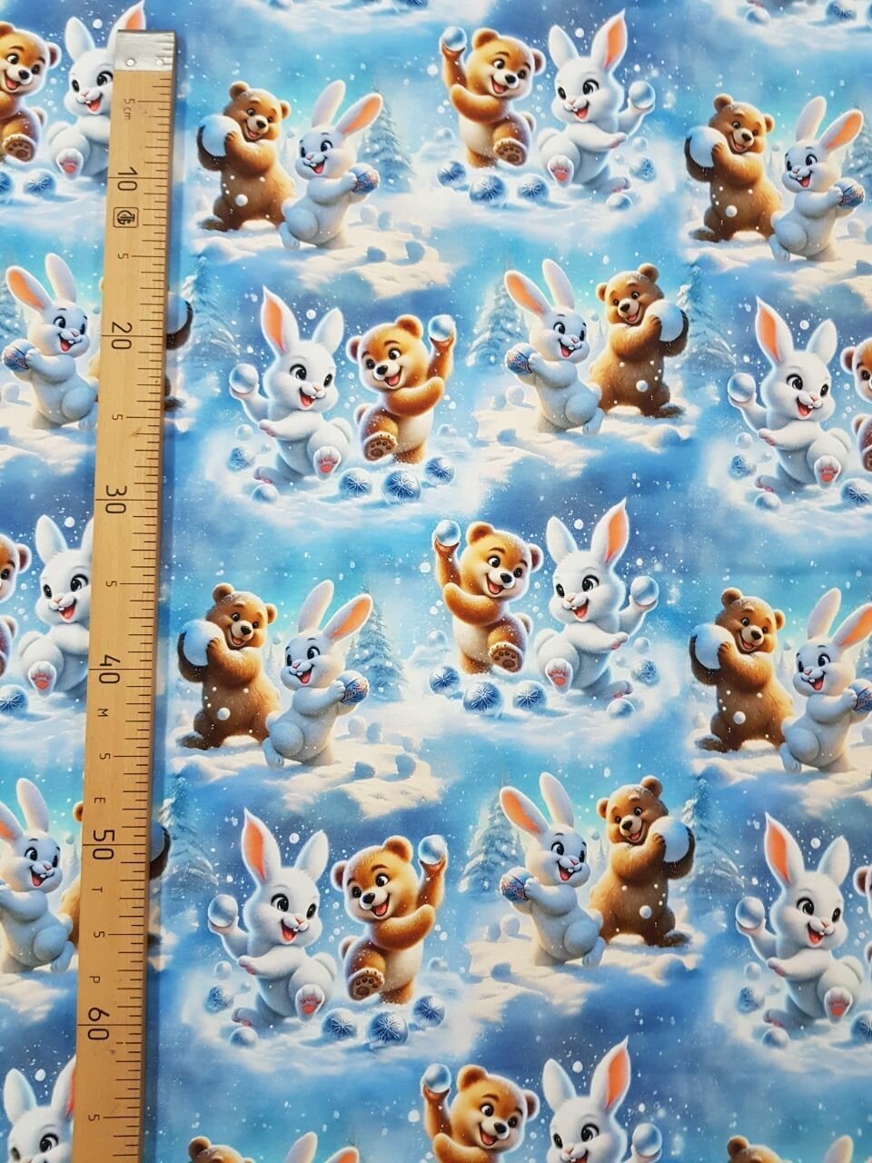 Футер 2х нитка с лайкрой "Зимние зайка и мишка" ширина 180см, высота 60 см.