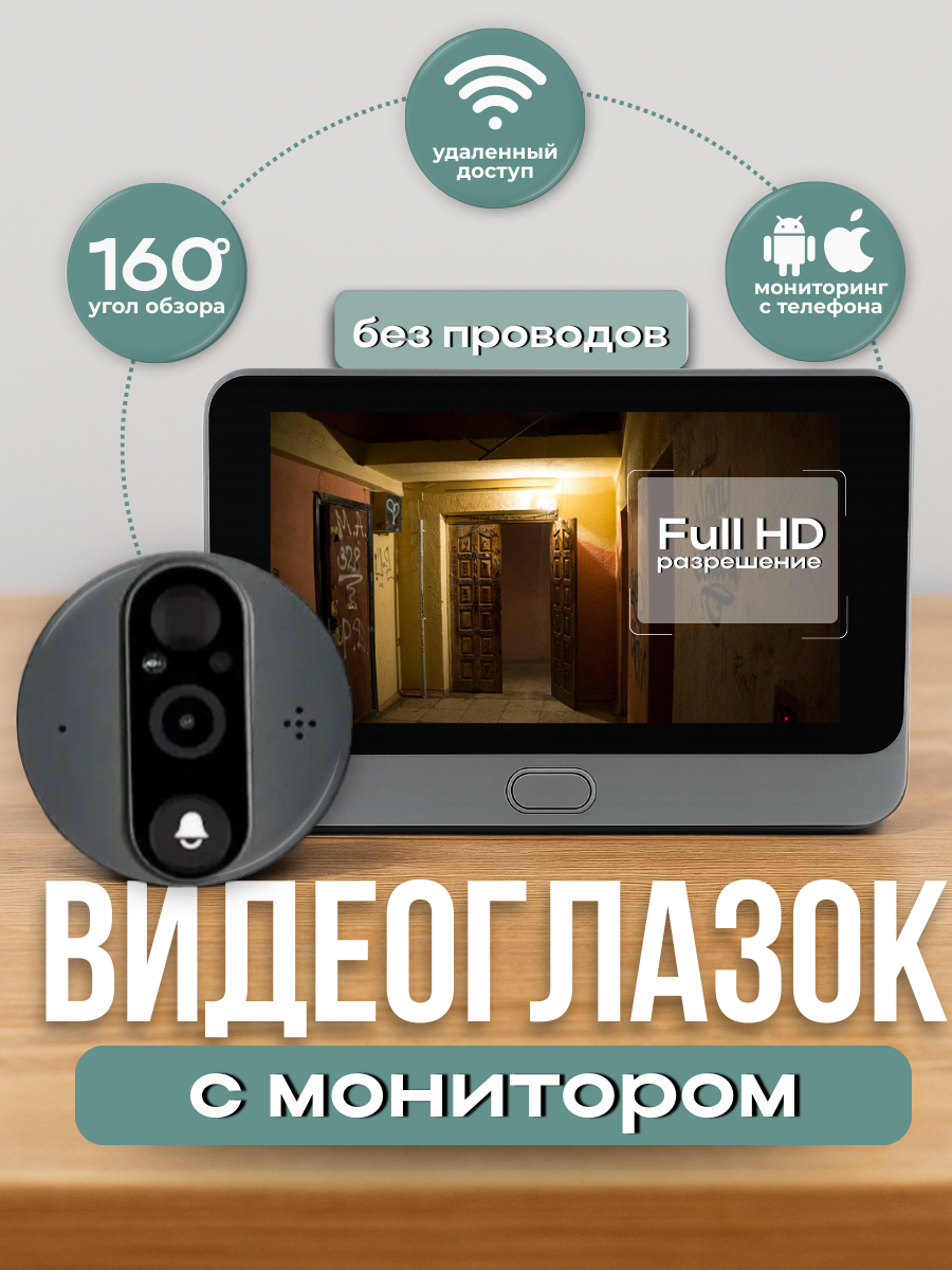 Видеоглазок для входной двери с фото записью и звонком, с ИК- подсветкой, серый
