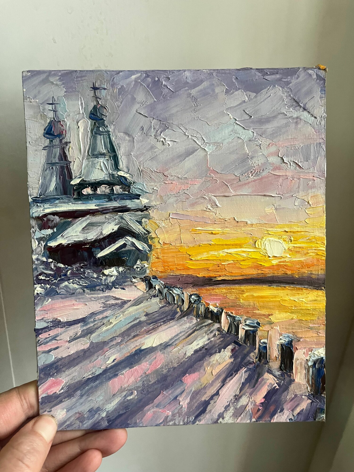 Картина "Зимний пейзаж храм", масло, холст, ручная работа, без рамы, 18х15см