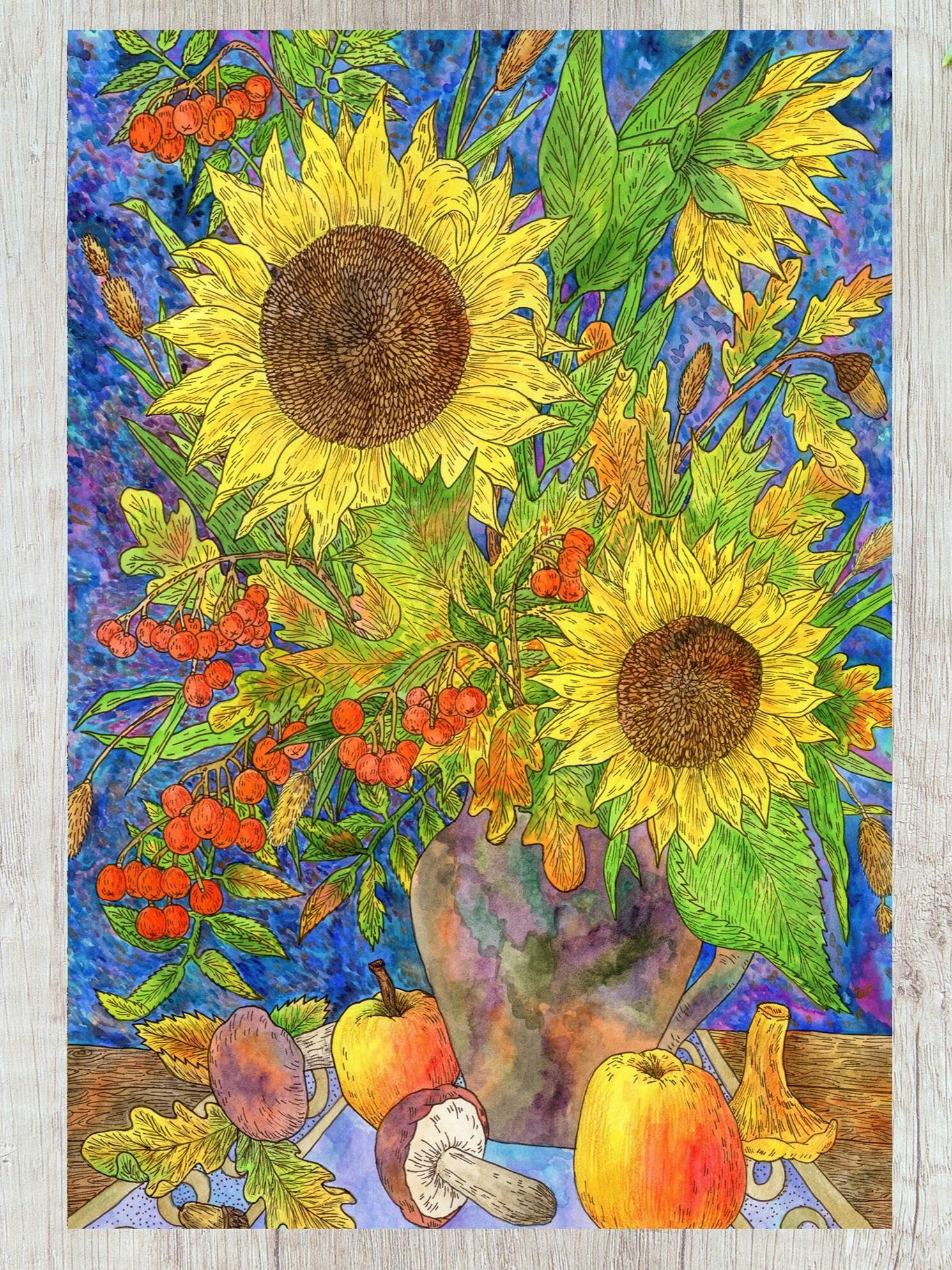 Открытка c букетом цветов Подсолнухи с конвертом для посткроссинга. Открытка поздравительная