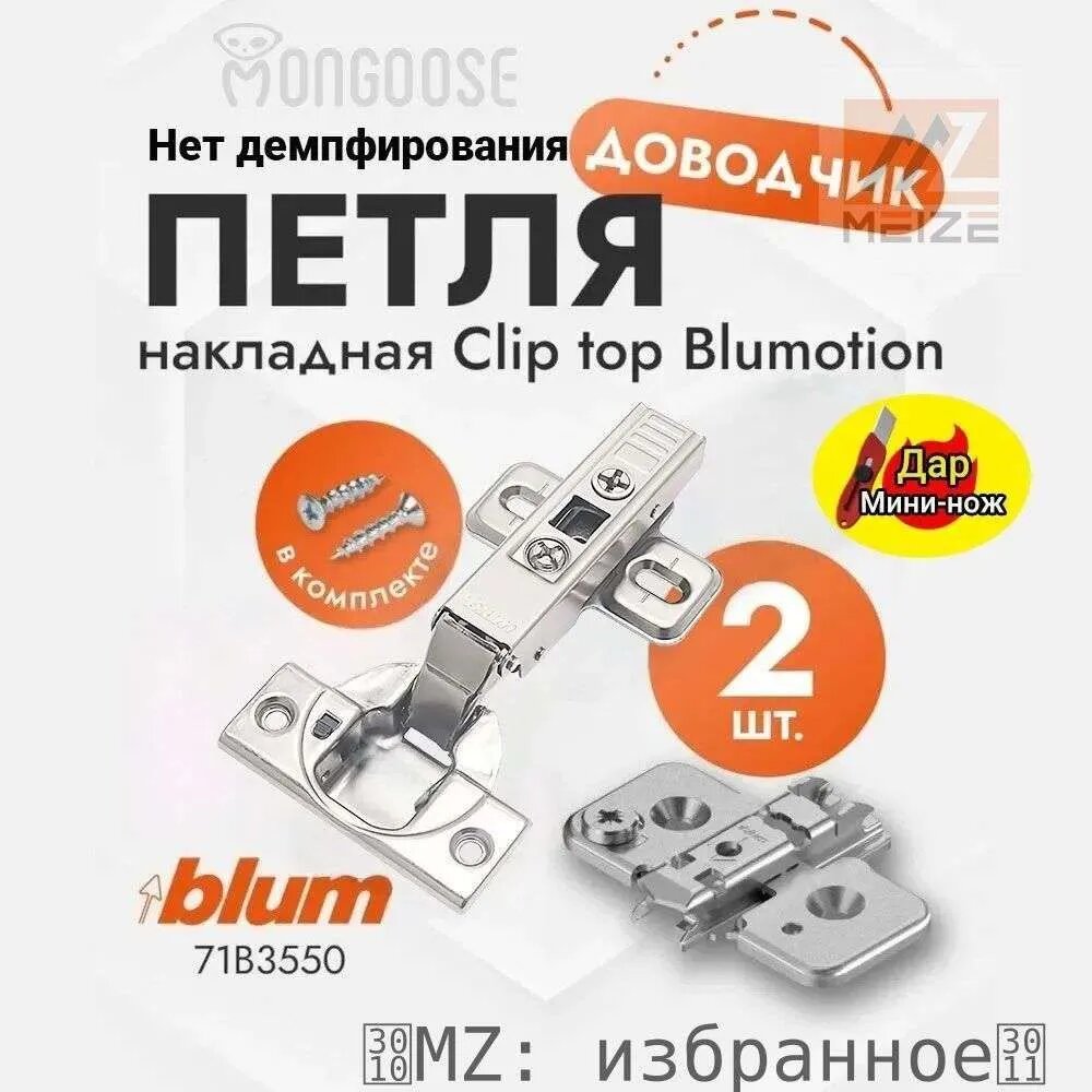 Петля мебельная Blum 71B3550 накладная Clip top Blumotion для мебели, 2 шт, серый металлик