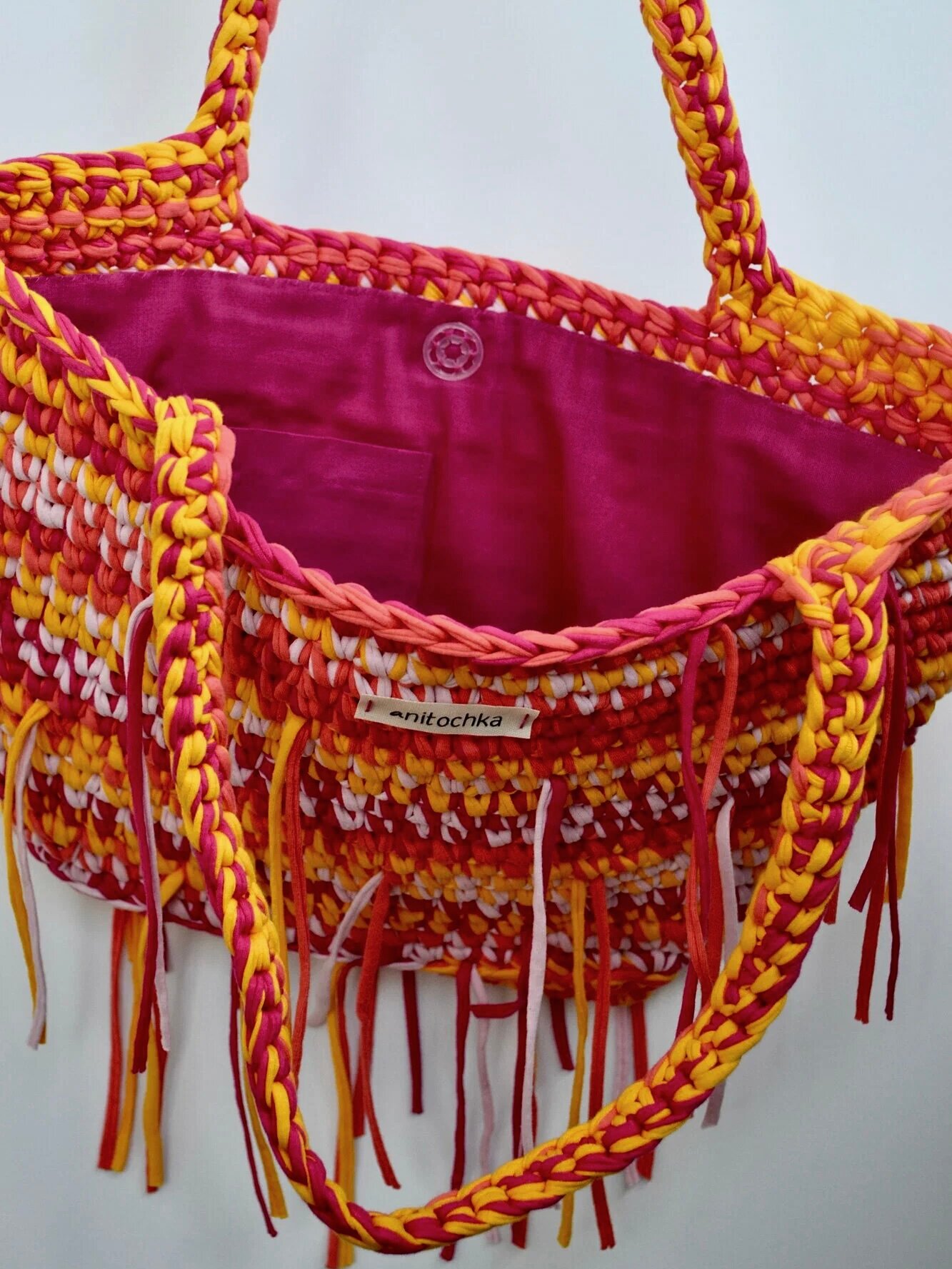 Сумка пляжная  вязаная, anitochka.shop, с бахромой и подкладкой, фуксия, 42 см х 25 см