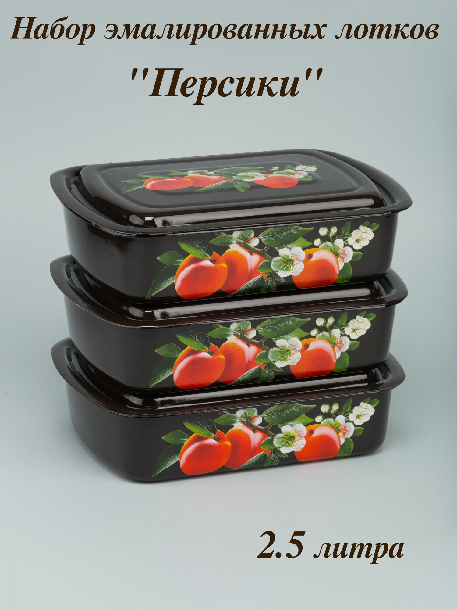 Лоток судок эмалированный 2,5 л с рисунком Персики, для холодца, емкость для заливного - 3 шт