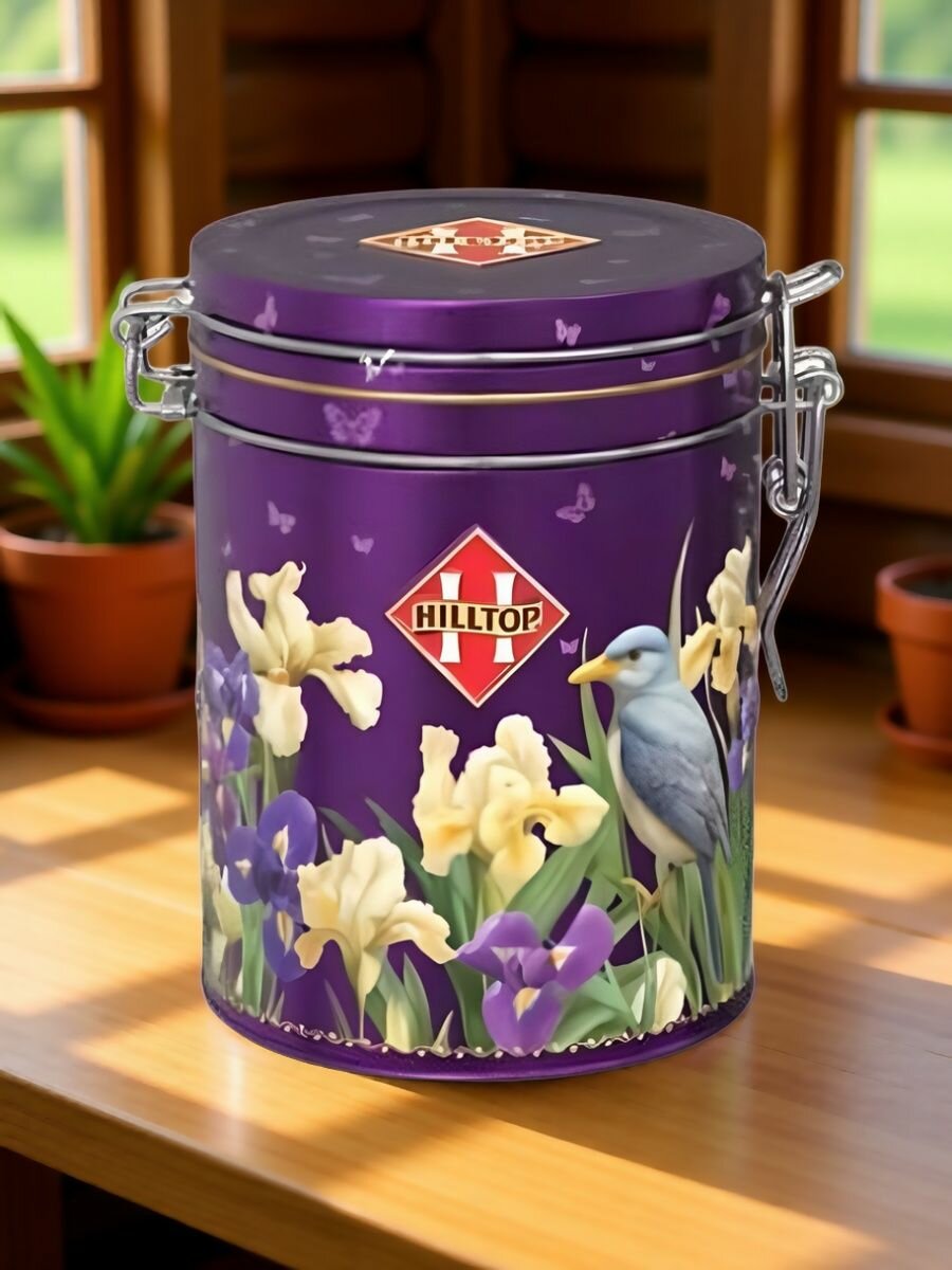 Чай Hilltop Подарок Цейлона банка с клипсой "Цветочная аллея" Яркие ирисы, 100г.