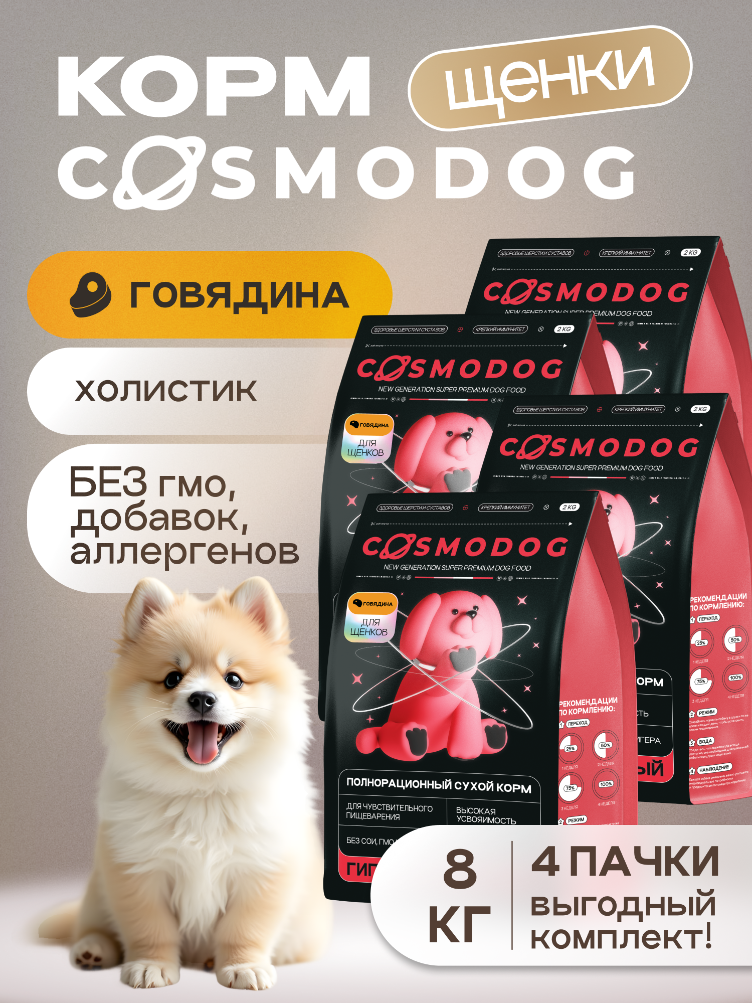 Сухой корм для щенков премиум класса Cosmodog 8 кг, для мелких и крупных пород с говядиной