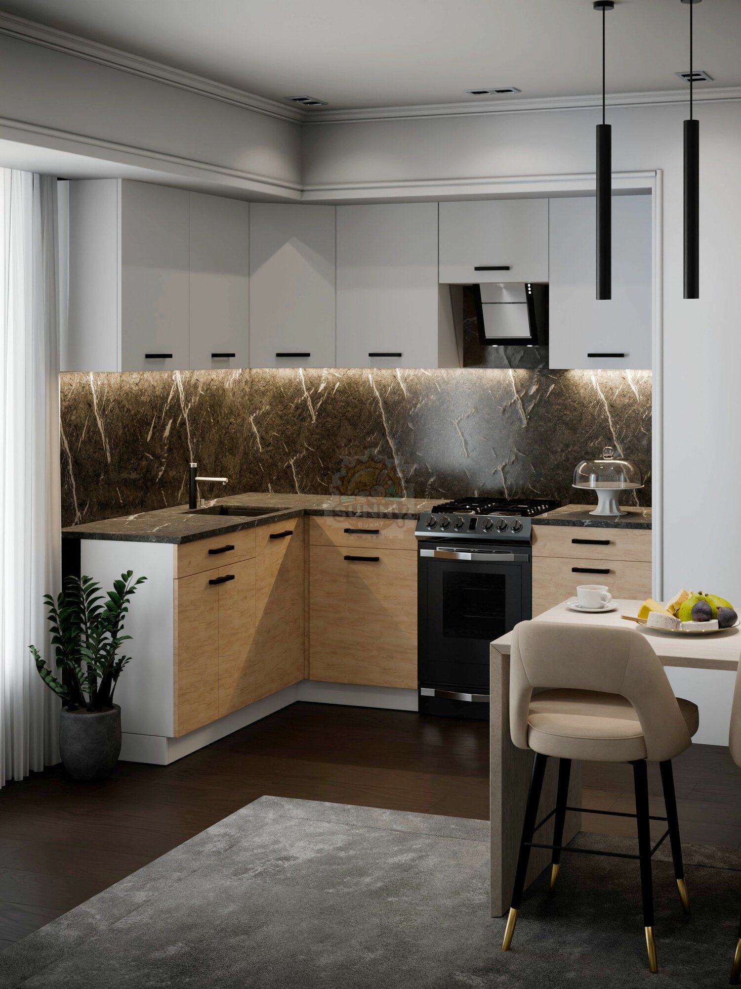 Кухня модульная угловая со столешницей Мария, 160 х210см, Белый гладкий/Дуб Вотан ЛДСП, 180х210х60см, столеш-а 60см