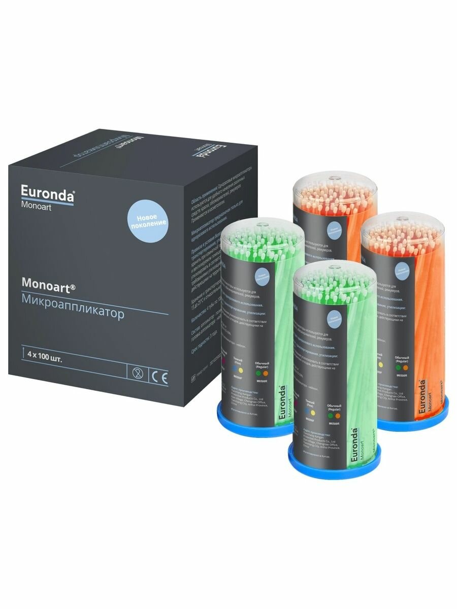 Микроаппликаторы Monoart Regular, 4 тубы по 100 шт, зеленые и оранжевые, Euronda
