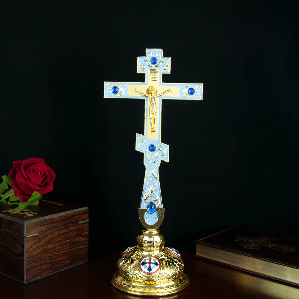 Православный крест металлический LIGHT BLUE WITH BASE