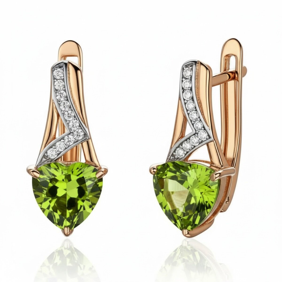 Серьги, красное золото, 585 проба, фианит, хризолит