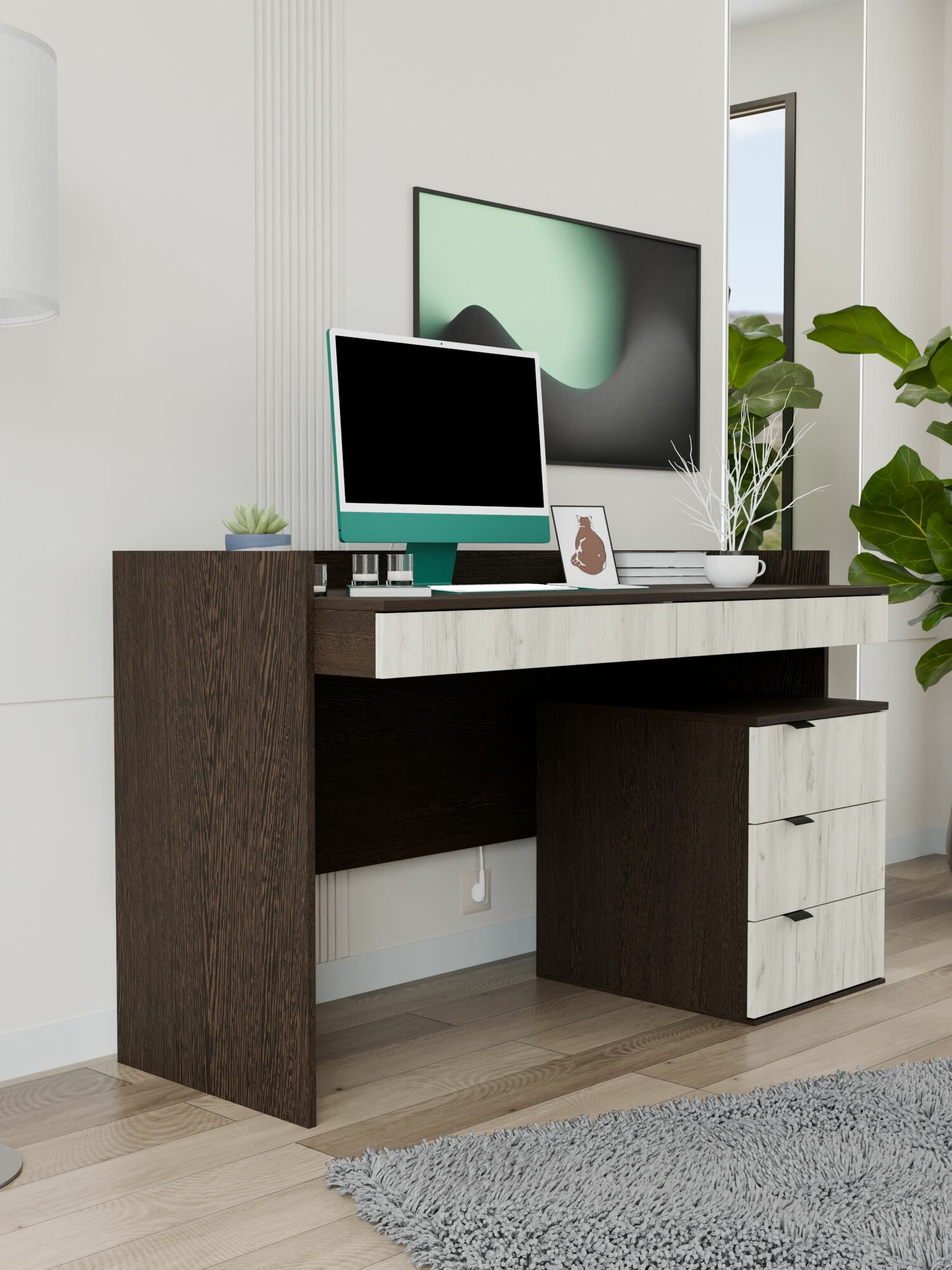 Изумлит Стол компьютерный для офиса и дома Бастион 140х87х64.5 см, корпус+столешница-венге/фасад-дуб крафт белый