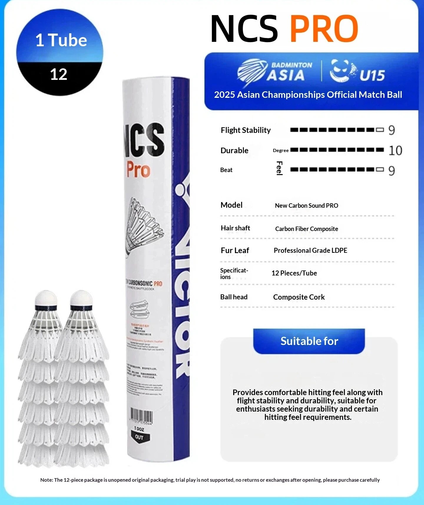 Воланы VICTOR Stable CarbonSonic Fiber для бадминтона 12 шт. NCS PRO 77 Speed