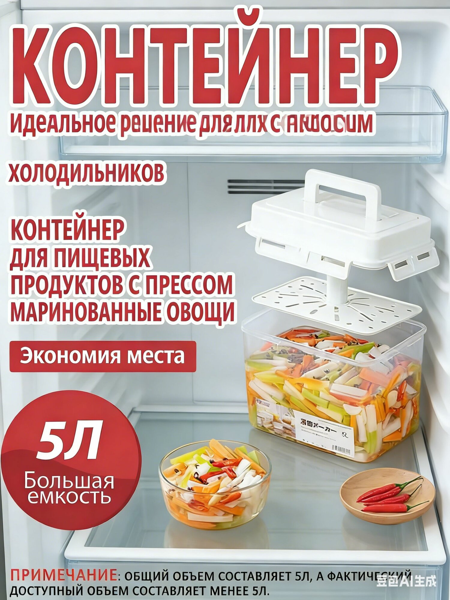 Контейнер для маринованных овощей 5 л, с прессом и герметичной крышкой. Подходит для долгого хранения, сохраняет свежесть и вкус