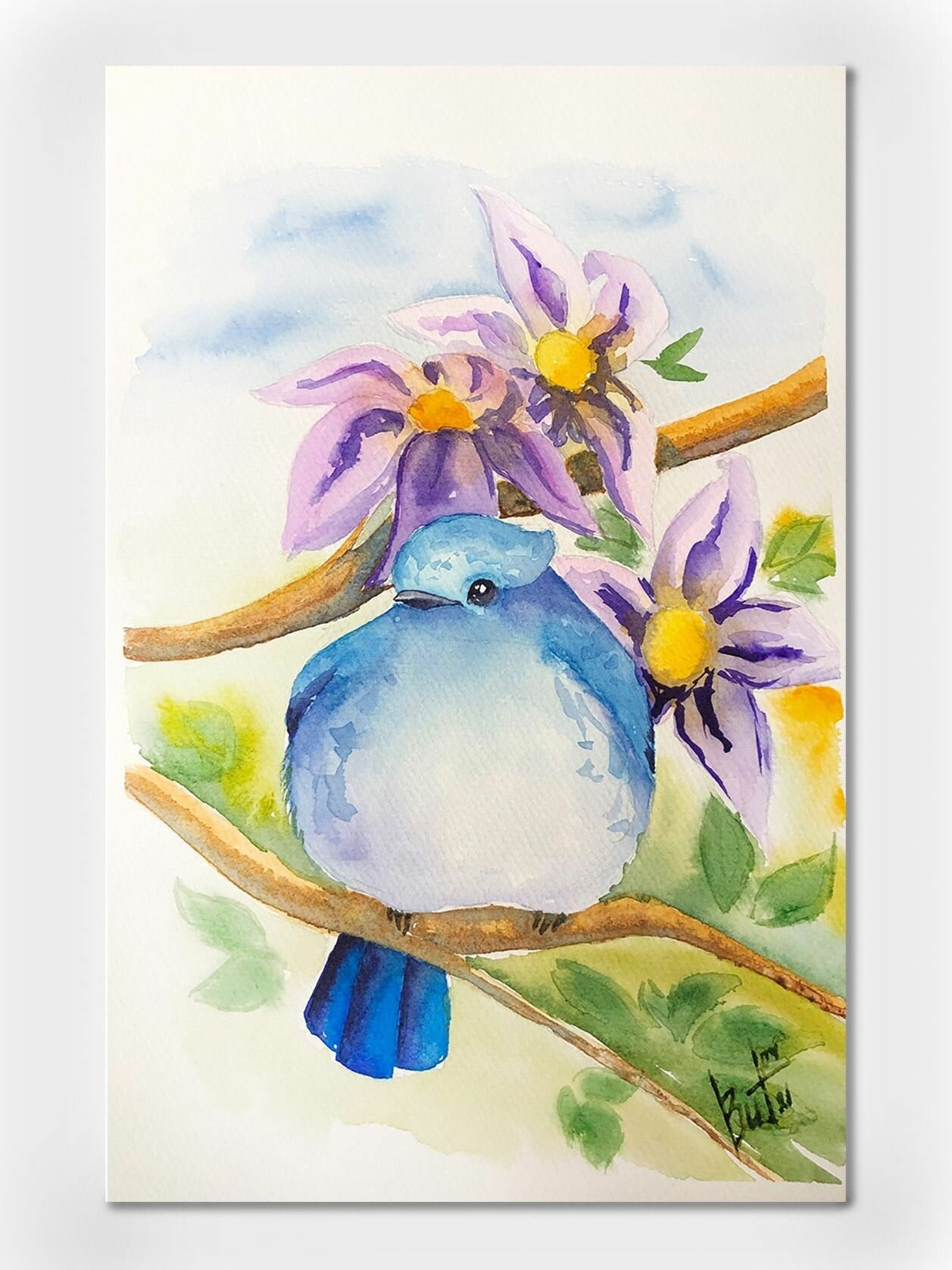 Картина акварельная "Синяя птичка", пейзаж, бумага, 27x19 см