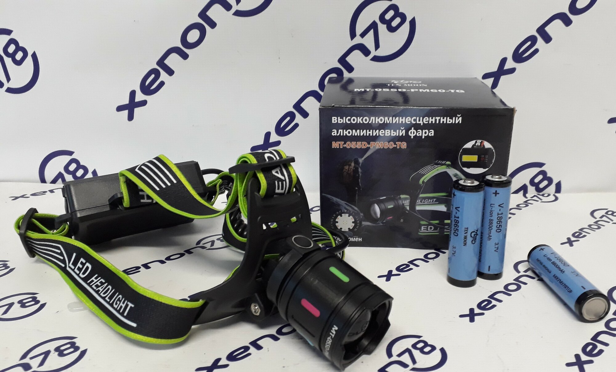 Светодиодный, налобный фонарик MOTO TEN MOON MT-055D-PM60-TG (3 аккумулятора 18650 8800mAh, USB, 1 режим + подсветка : белый/красный, индикация заряда) - 1 шт