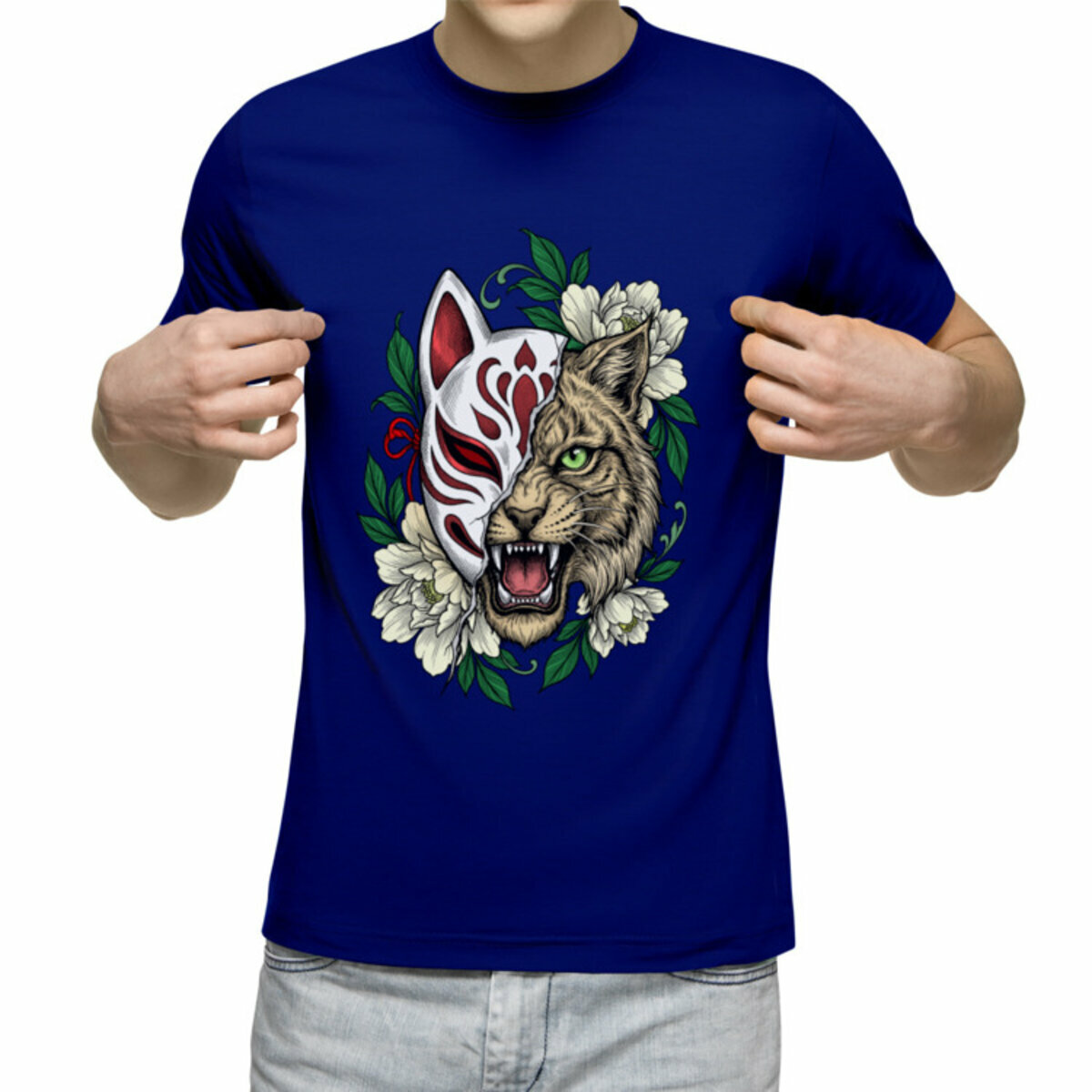 Мужская футболка «Рысь в маске Кицунэ» (синий, 2XL)