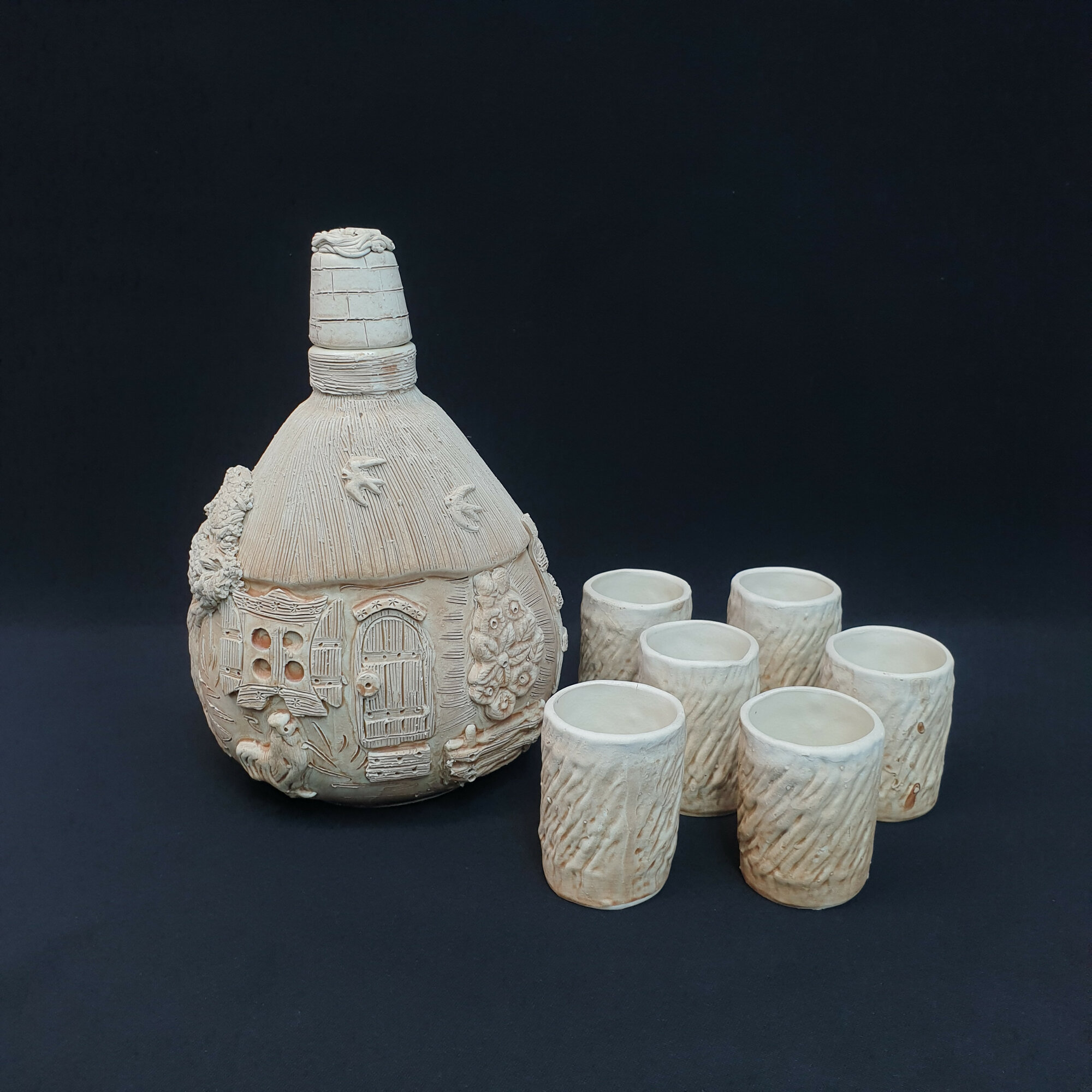 Винтажный набор штоф и 6 стопок, керамика ручная работа 1.1 л и 80 мл, СССР