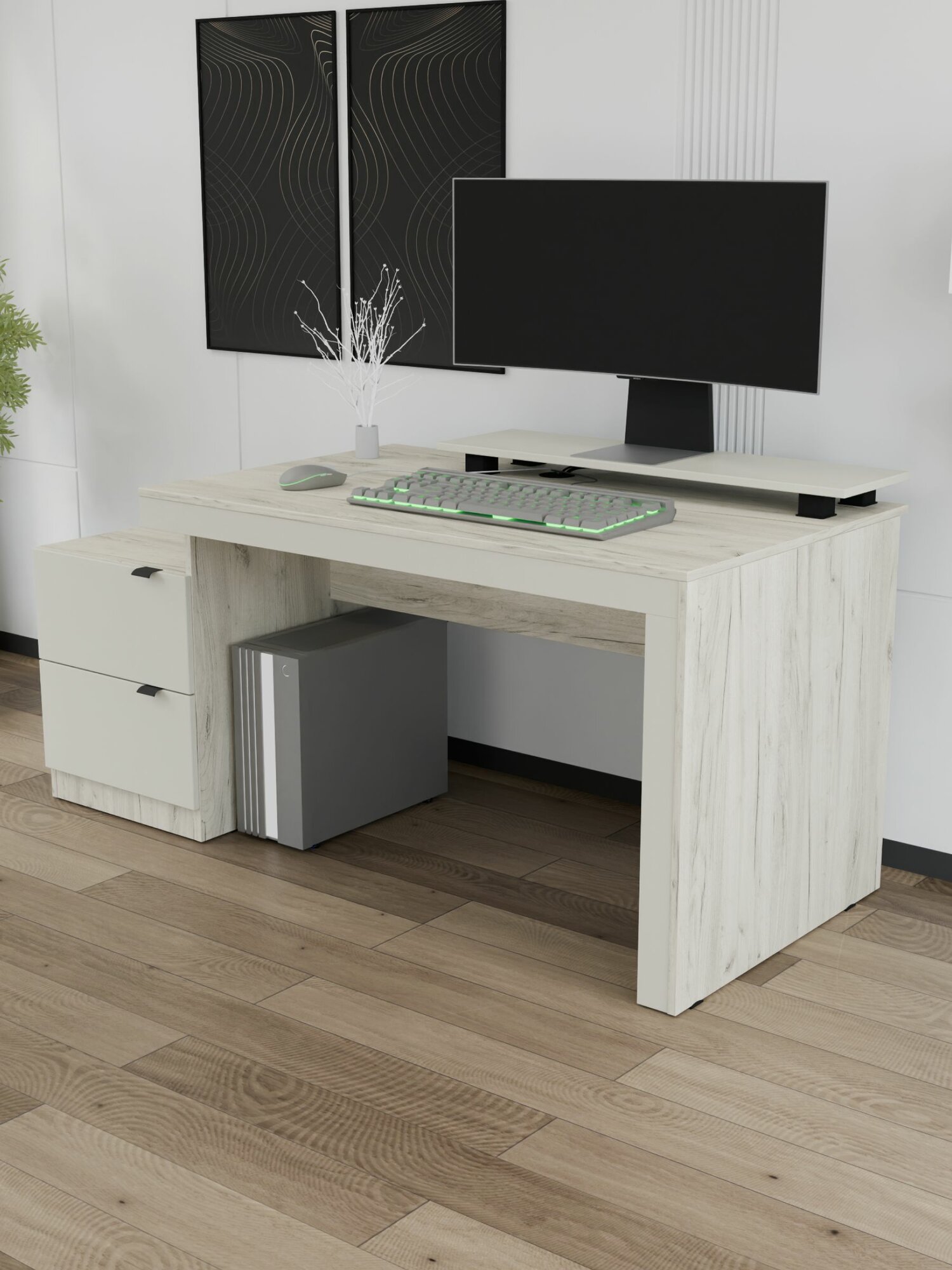 Изумлит Стол компьютерный для офиса и дома Вертикаль Компакт Лайт 165х73х74.5 см, тумба слева, дуб крафт белый - бежевый