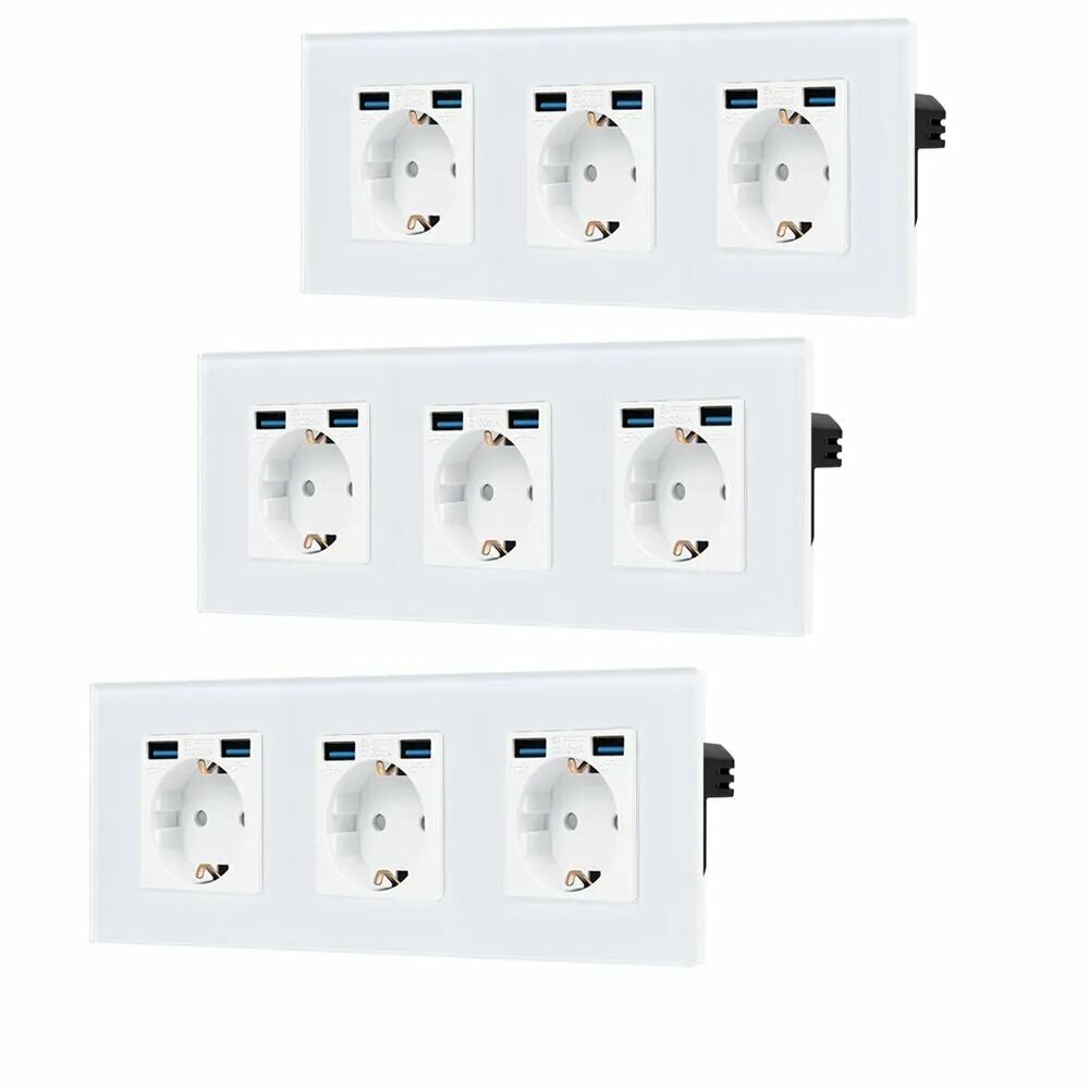 Розетка с usb встраиваемая 3-стойка16А + 2 USB на 2,1А в стеклянной белой рамке для стандартного круглого подрозетника,3шт