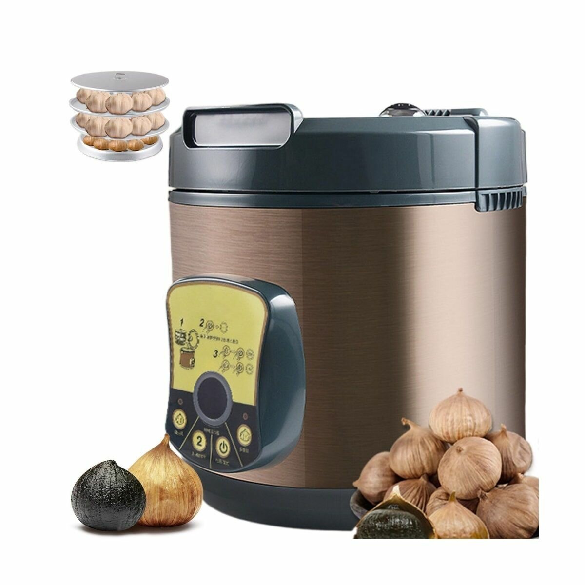 5-литровый сосуд для ферментации черного чеснока, оснащенный тремя слоями чесночной сетки.