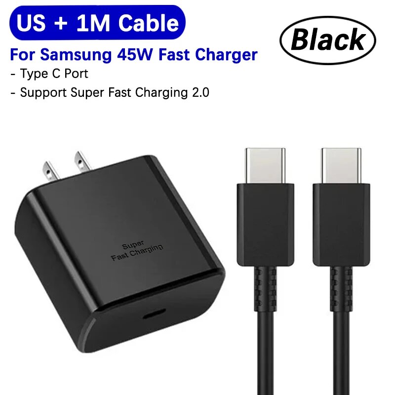 Зарядное устройство Samsung 45 Вт PD Super Fast Charging 2.0 USB Type C Black-US With Cable