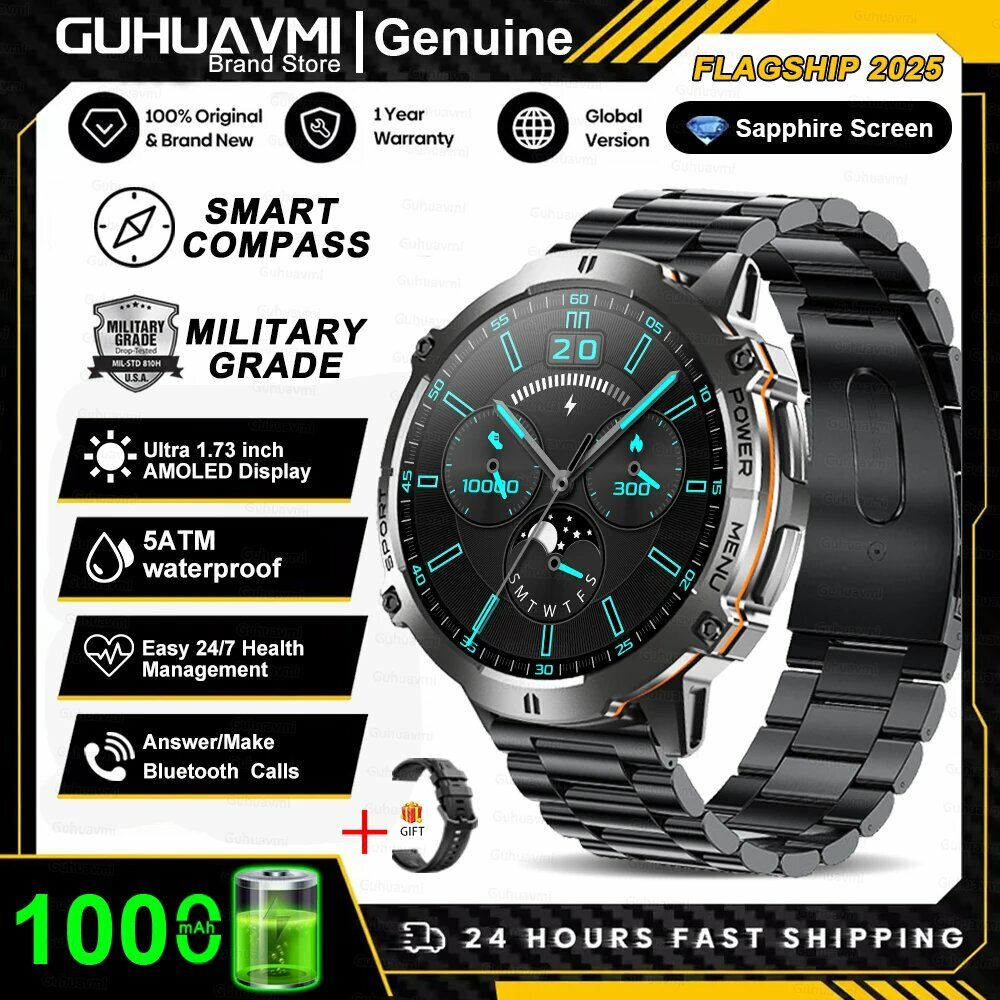 Мужские умные часы GUHUAVMI TANK X3 Black Steel