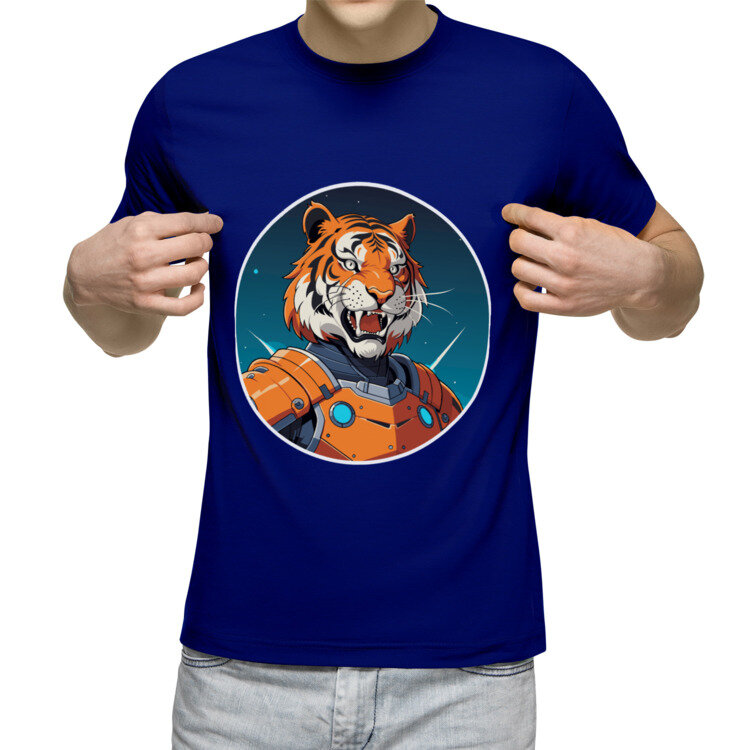 Мужская футболка «Тигр-воин» (синий, 2XL)