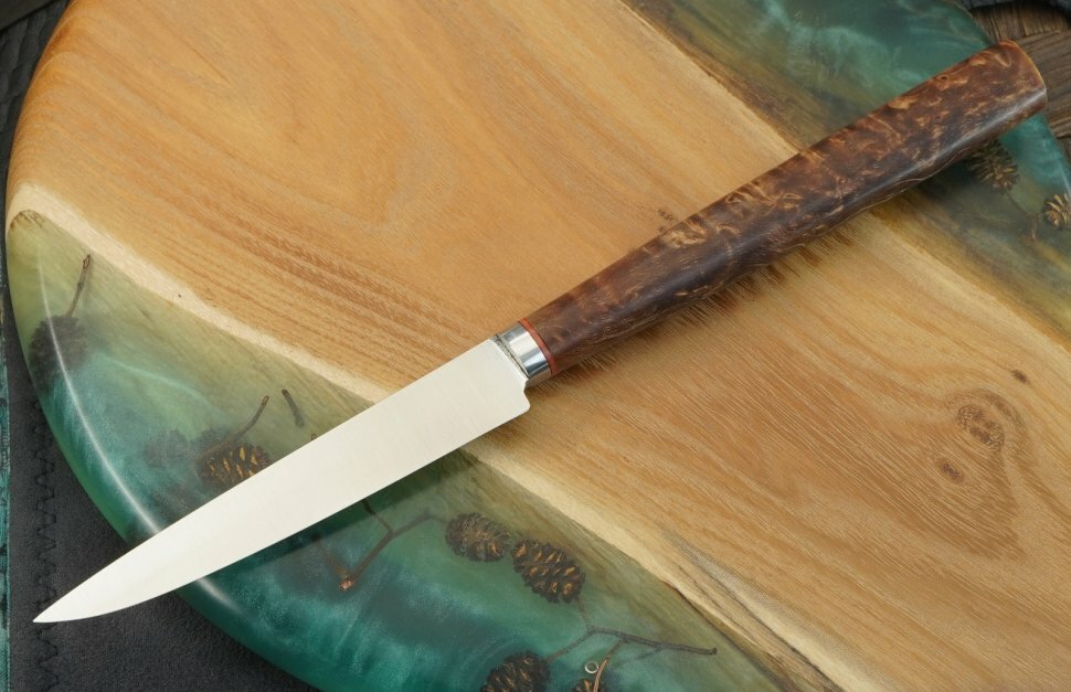 Дамир Сафаров, серия Эксклюзив кухонный нож Коренчатый 110 мм, сталь 75Х14МФ, рукоять стабилизированная карельская береза