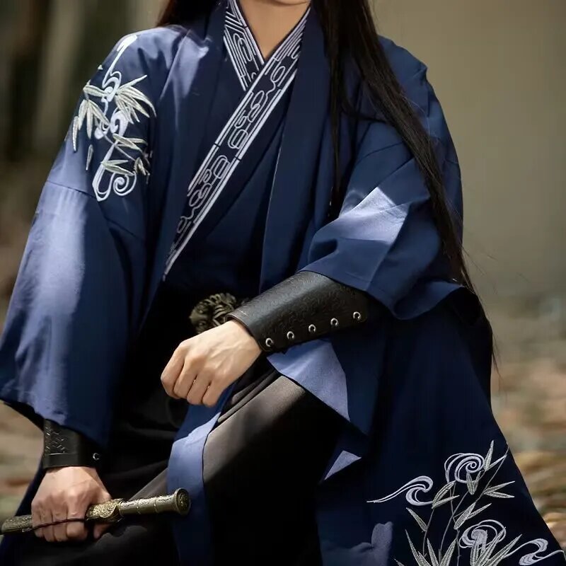 Мужской черный и темно-синий Ханьфу 3XL Темно-синий, XXXL, 3pcs with belt wrist
