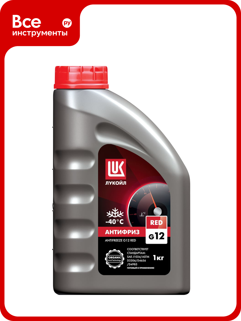 Антифриз Лукойл G12 RED, 1 кг - красный охлаждающий жидкость для автомобилей, защита от замерзания и коррозии, 1 литр