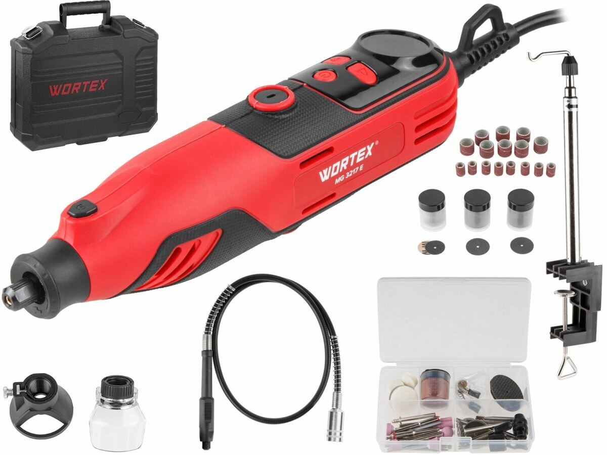 Гравер электрический WORTEX MG 3217 E в чем.+аксессуары 130 Вт, 10000-35000 об/мин, цанга 3,2 + БЗП (в чем.+ 175 аксесс, гибкий вал, штатив, БЗП 1 - 3.2 мм)