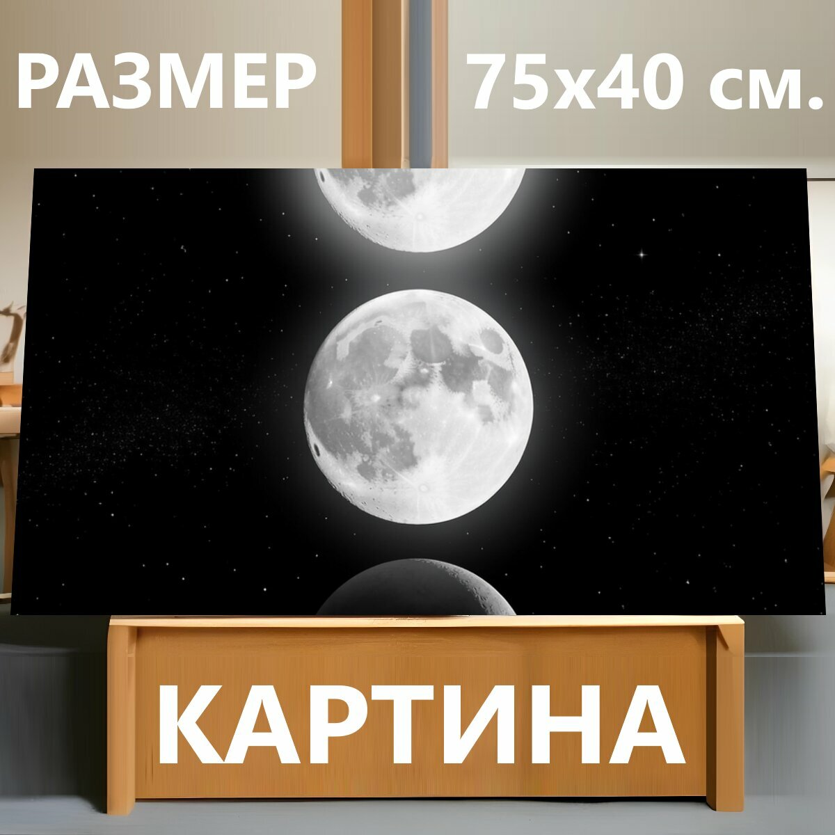 Картина на холсте "Три фазы Луны в космосе. Минималистичная космическая композиция с яркими лунными дисками, серпом месяца и звездным фоном." на подрамнике 75х40 см. для интерьера