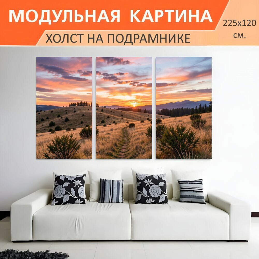 Модульная картина на холсте "Пейзаж с холмистой равниной, покрытой золотистой травой и редкими кустами, на переднем плане видна." триптих на подрамнике 225х120 см. для интерьера
