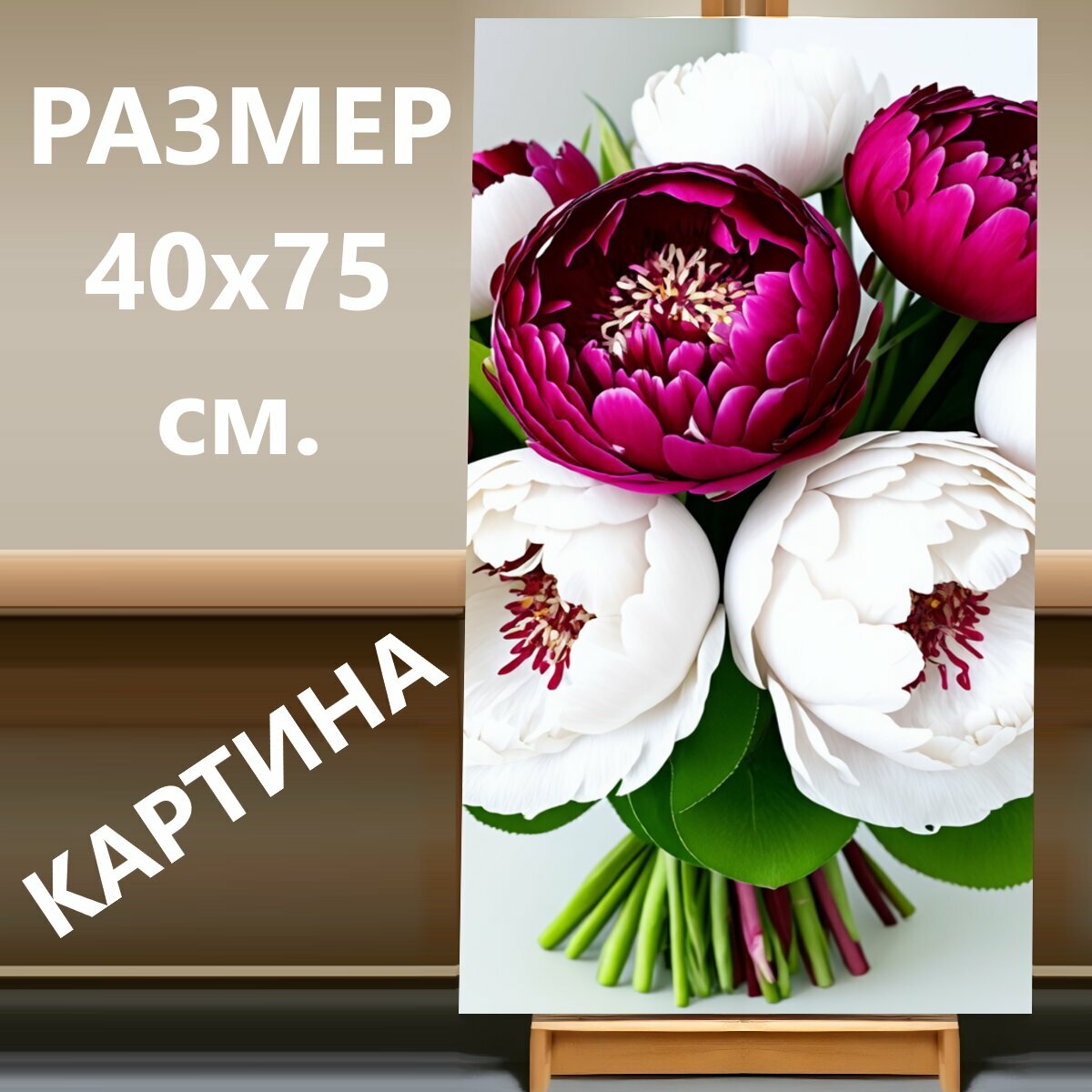Картина на холсте "Букет пионов в белом и бордовом цветах, крупные, яркие цветы, с большими нежными лепестками, на белом фоне." на подрамнике 75х40 см. для интерьера