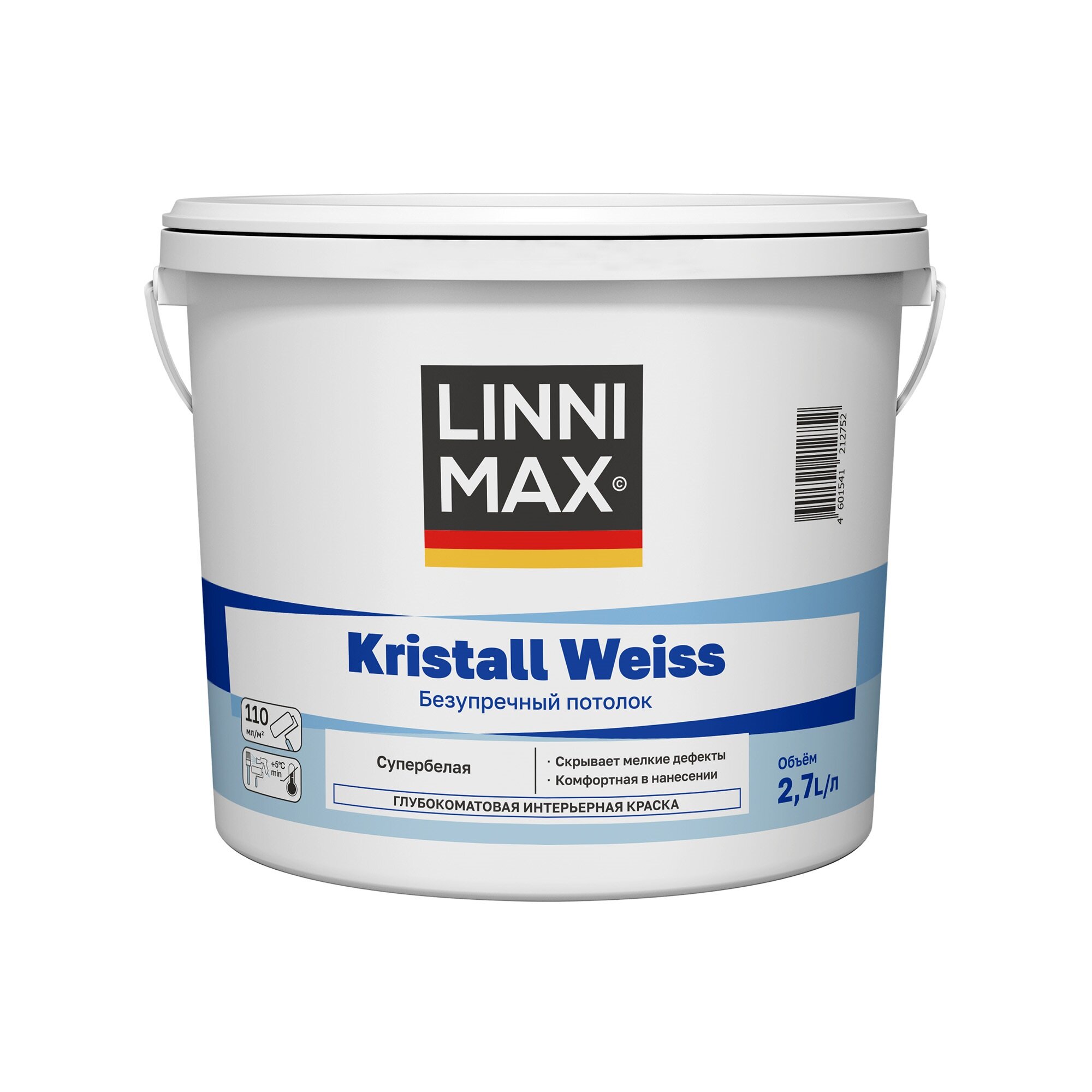 Краска интерьерная Linnimax Kristall Weiss Безупречный потолок, глубокоматовая, база 1, белая, 2,7 л