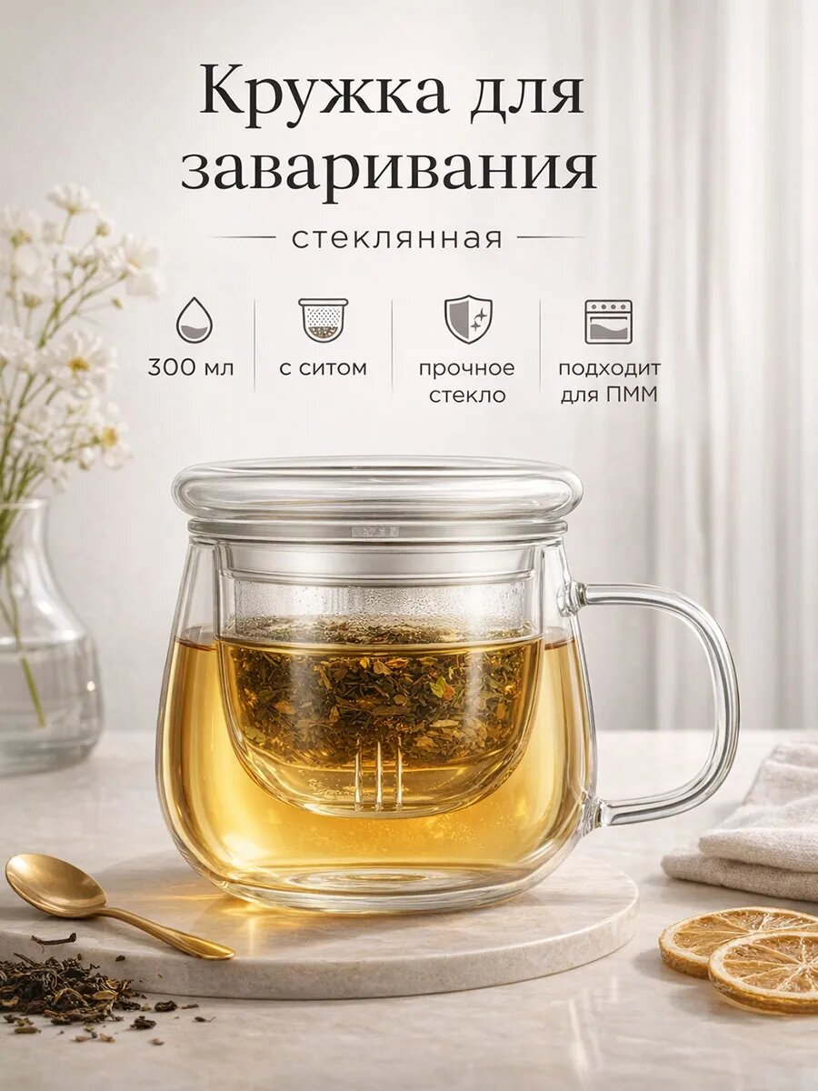 Кружка стеклянная для заваривания со стеклянным ситом «Лоран», 300 мл, 13×9×8,5 см