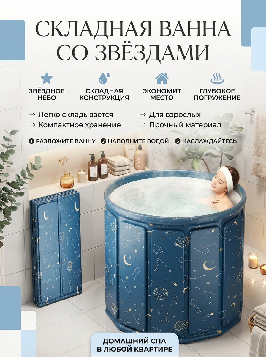 Складная ванна, ванна для взрослых и детей, утолщенный температурный режим, 70 см*65 см Орнамент со звездным небом