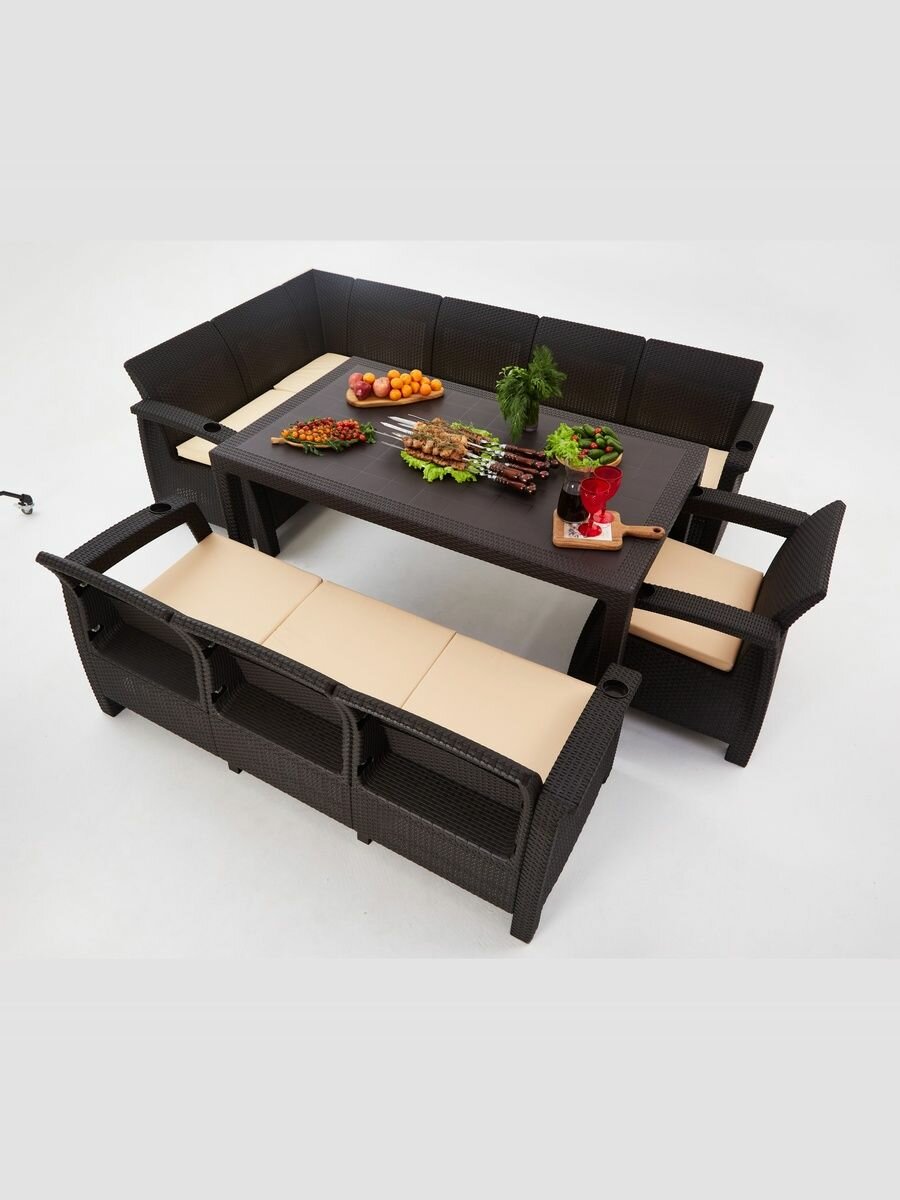 Комплект садовой мебели из ротанга Set 5+3+1+обеденный стол 153х79, с комплектом бежевых подушек