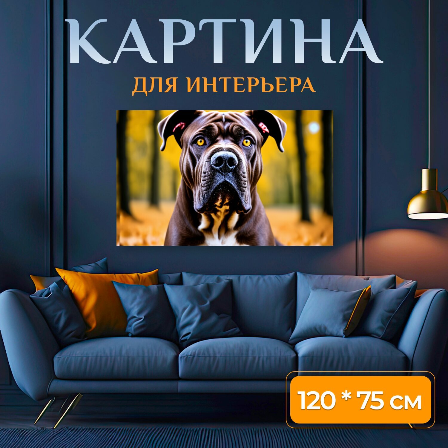 Картина на холсте "Крупный план головы собаки породы конекорсо , виляющими ушами и пронзительными желто-коричневыми глазами, на размытом фоне." на подрамнике 120х75 см. для интерьера